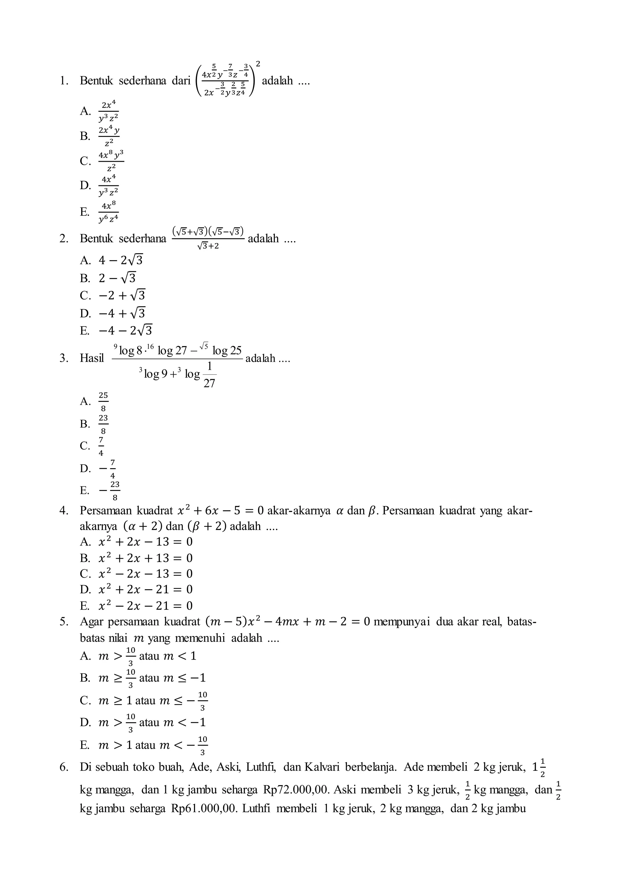 latihan soal un matematika sma | DOCX