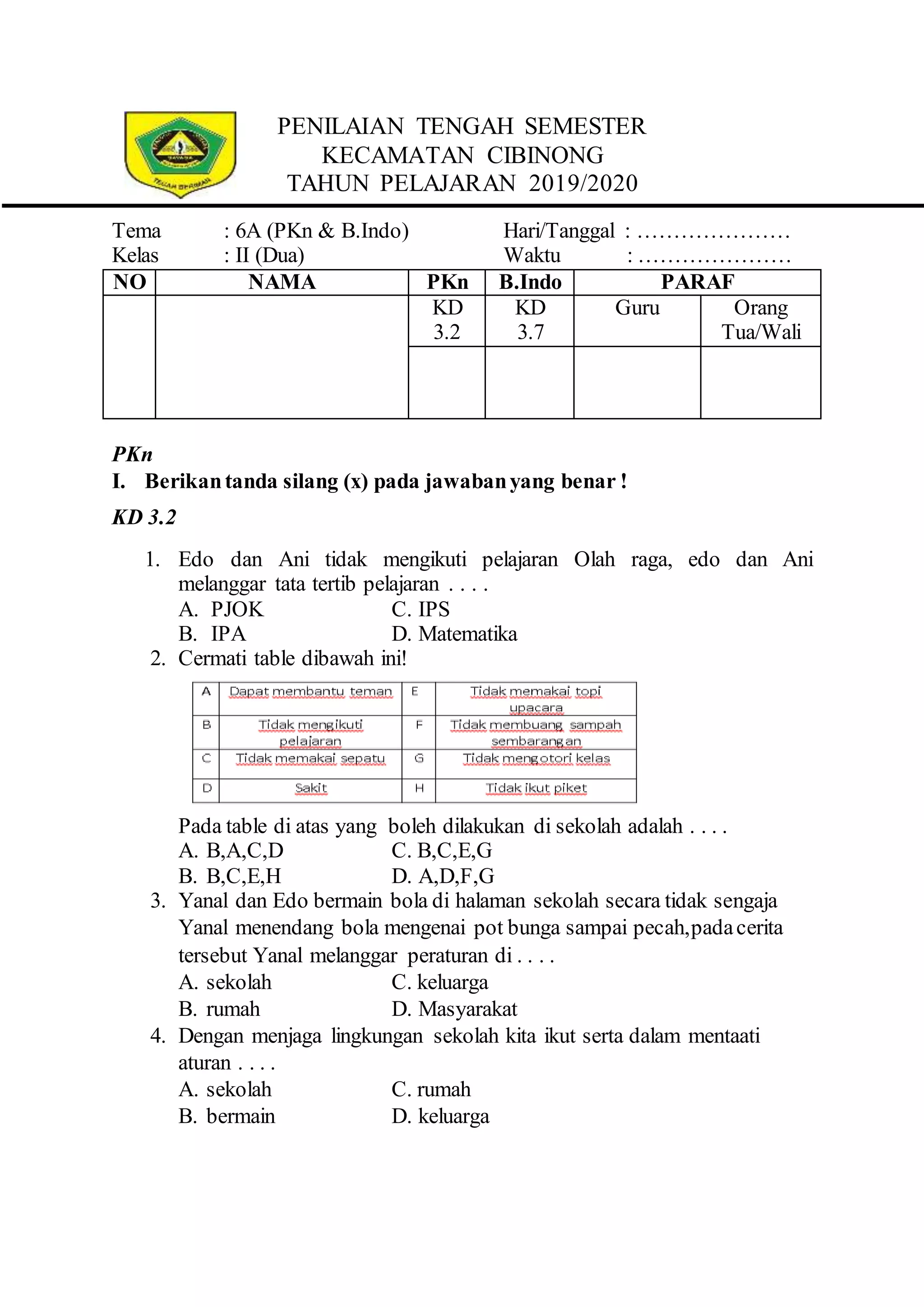 Soal tema 6 a kelas 2 | DOCX