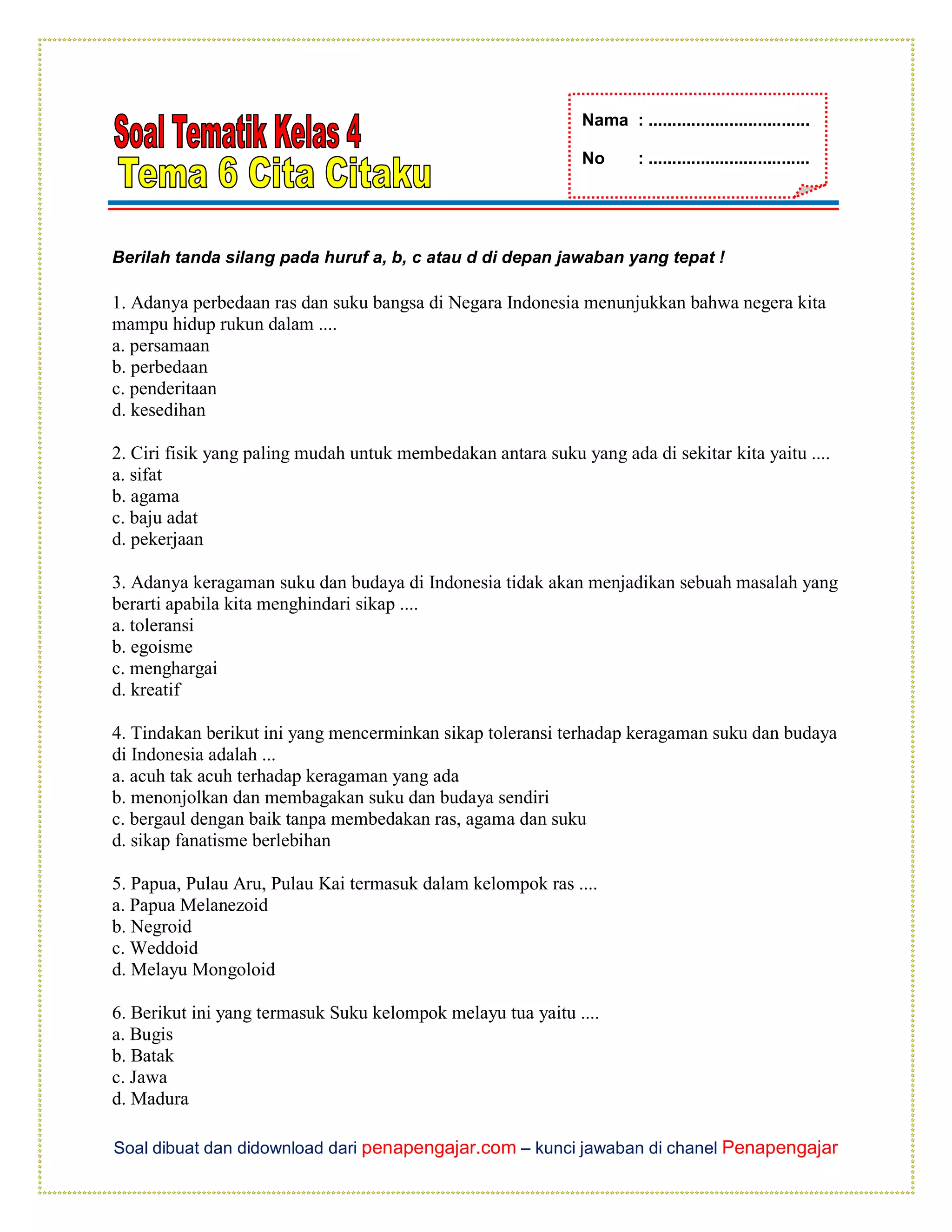 Soal tema 6 kelas 4 subtema 1 | PDF