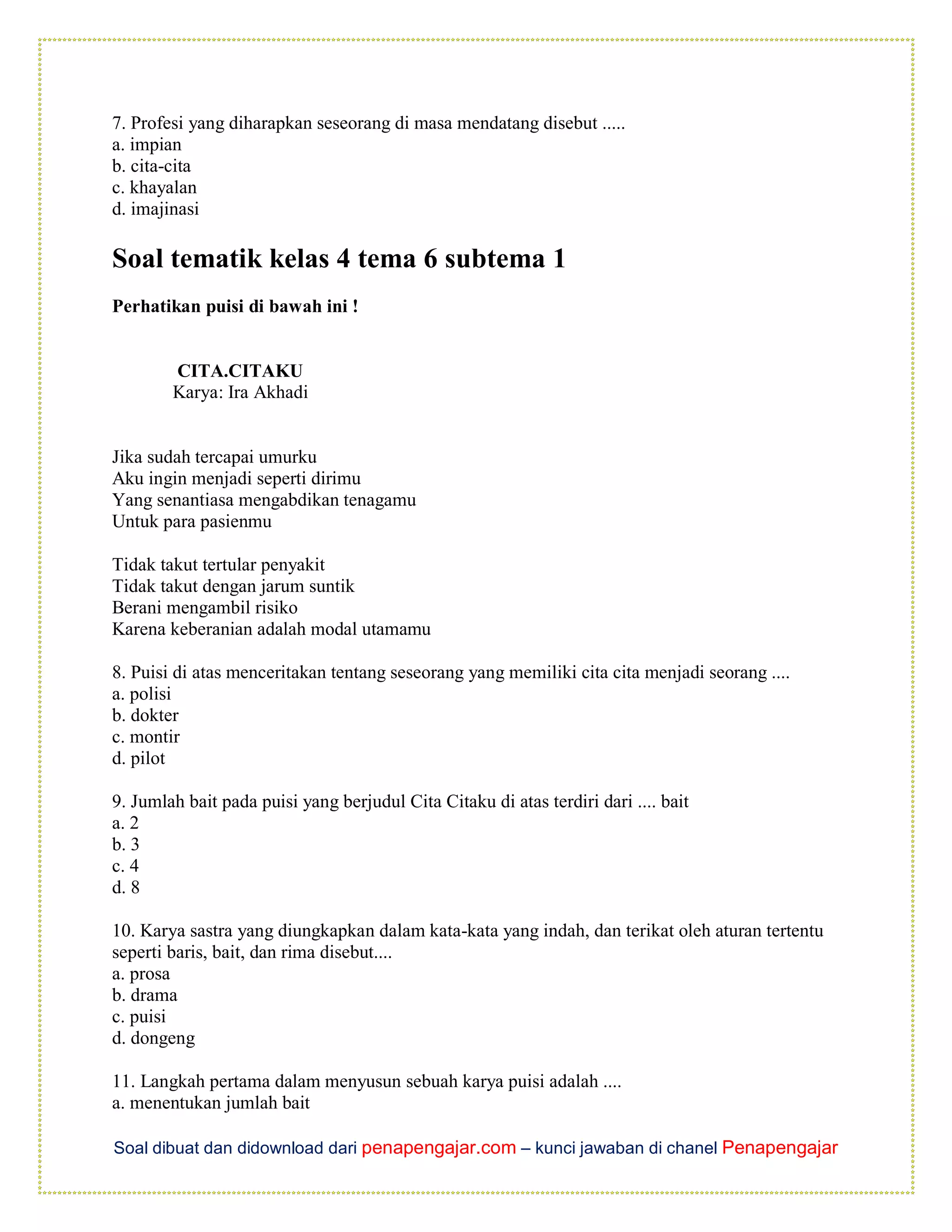 Soal tema 6 kelas 4 subtema 1 | PDF