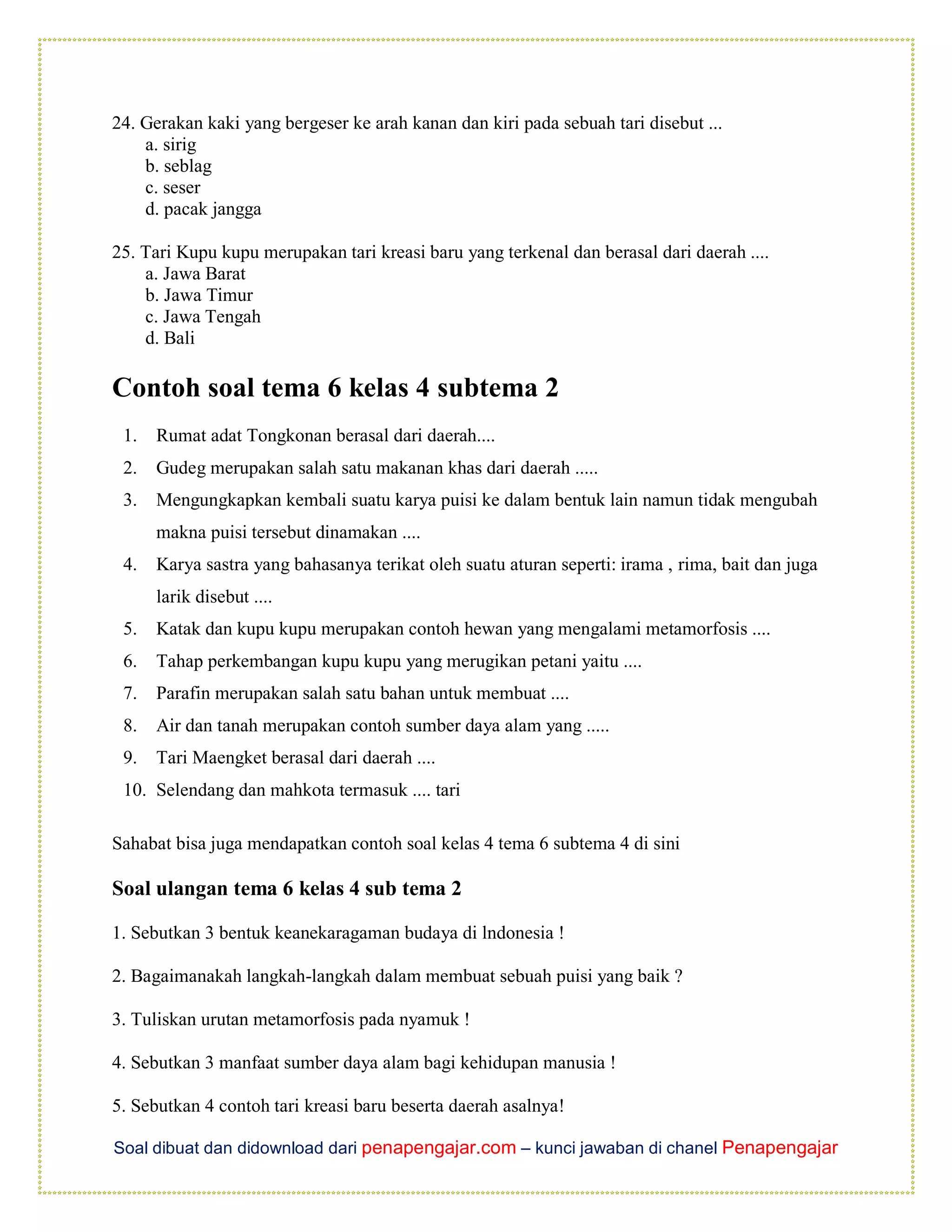 Soal tema 6 kelas 4 subtema 2 | PDF