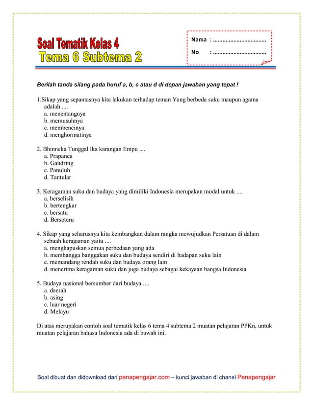 Soal tema 6 kelas 4 subtema 2 | PDF