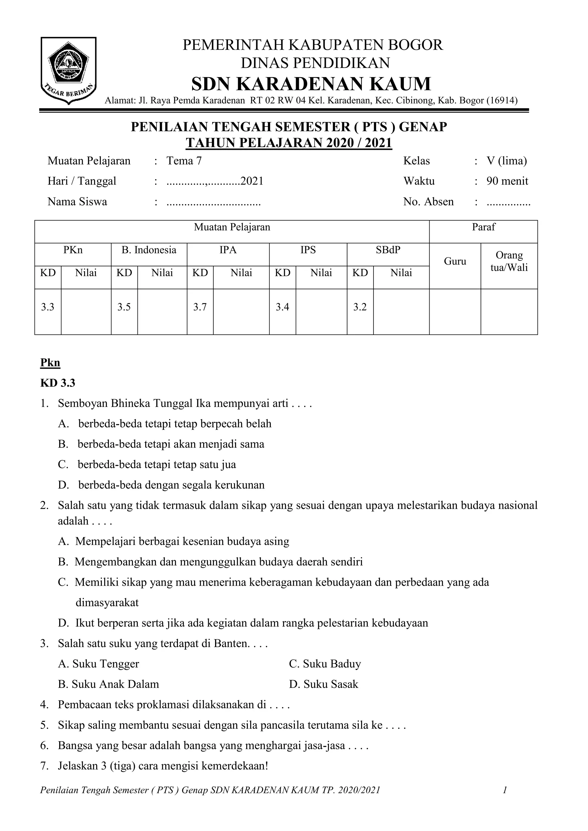 Soal tema 7 kls 5 pts genap 2021 (1) | PDF