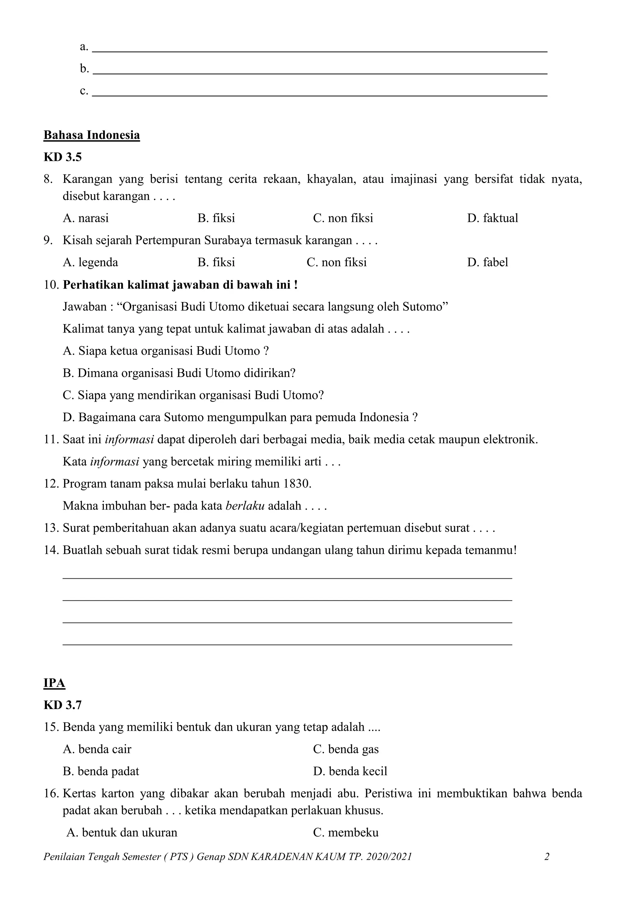 Soal tema 7 kls 5 pts genap 2021 (1) | PDF