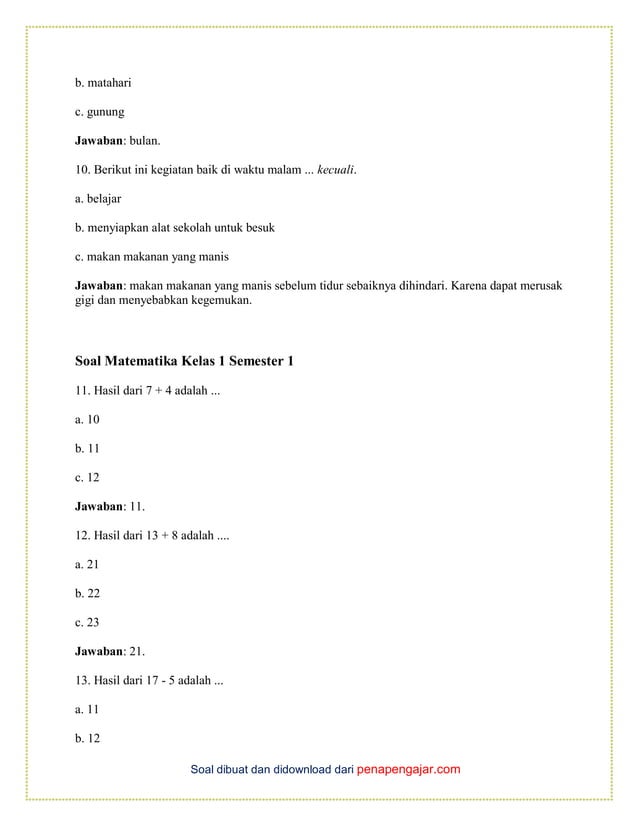 Soal tematik kelas 1 tema 3 subtema 4 dan kunci jawaban | PDF