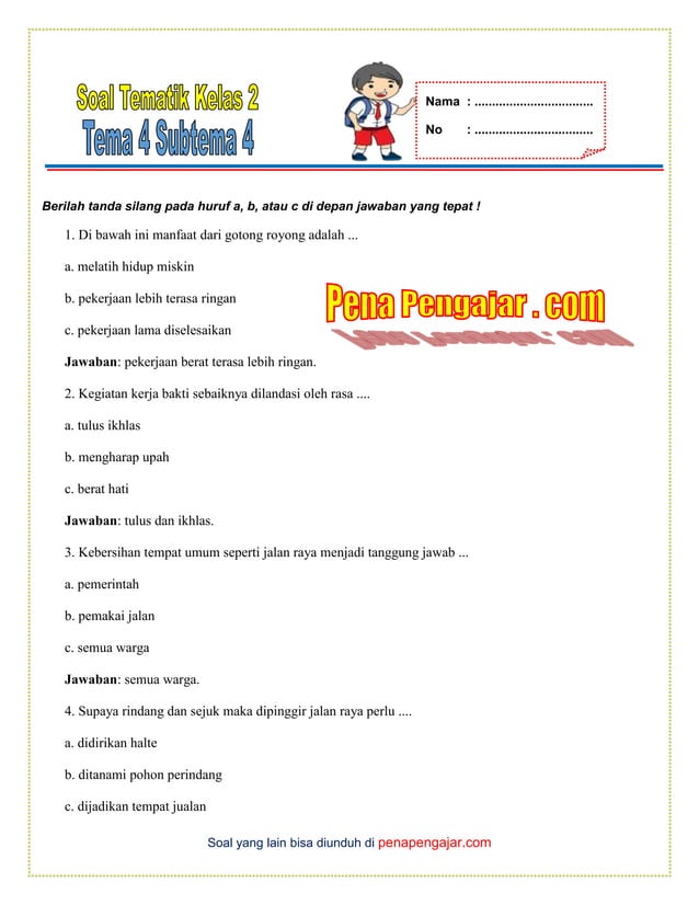 Soal tematik kelas 2 tema 4 subtema 4 dan kunci jawaban | PDF