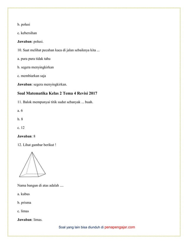 Soal tematik kelas 2 tema 4 subtema 4 dan kunci jawaban | PDF