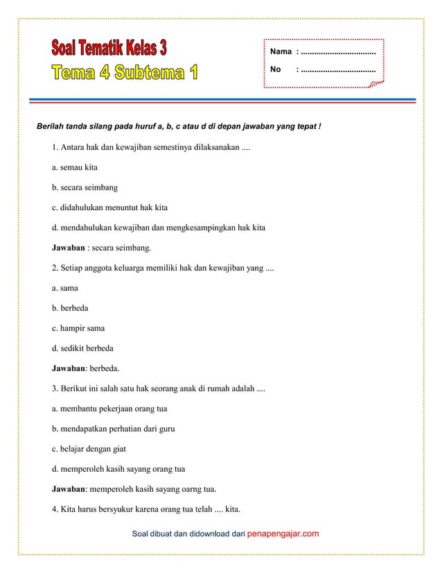 Soal tematik kelas 3 tema 4 subtema 1 dan kunci jawaban | PDF