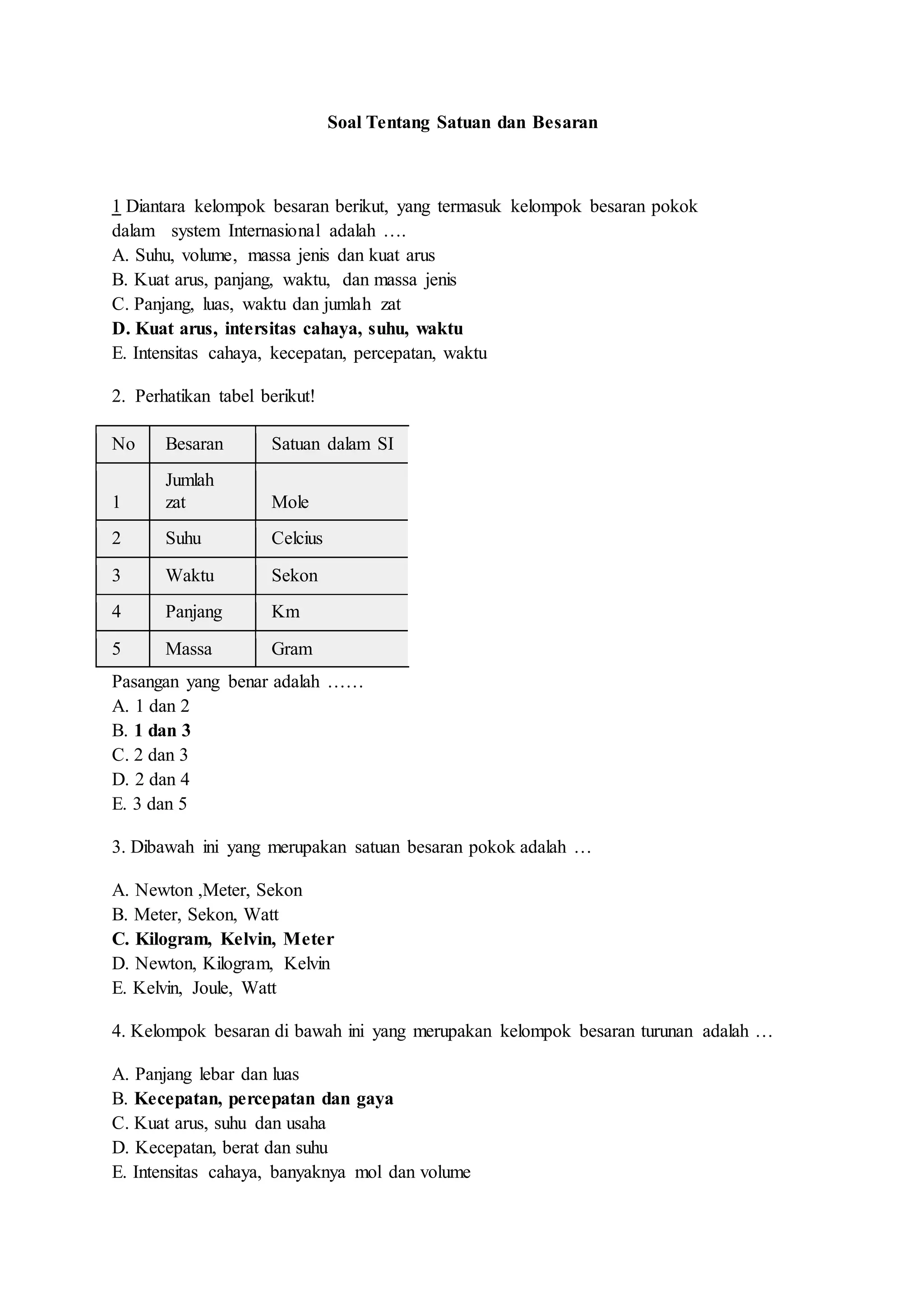 Soal tentang satuan dan besaran'' | DOCX