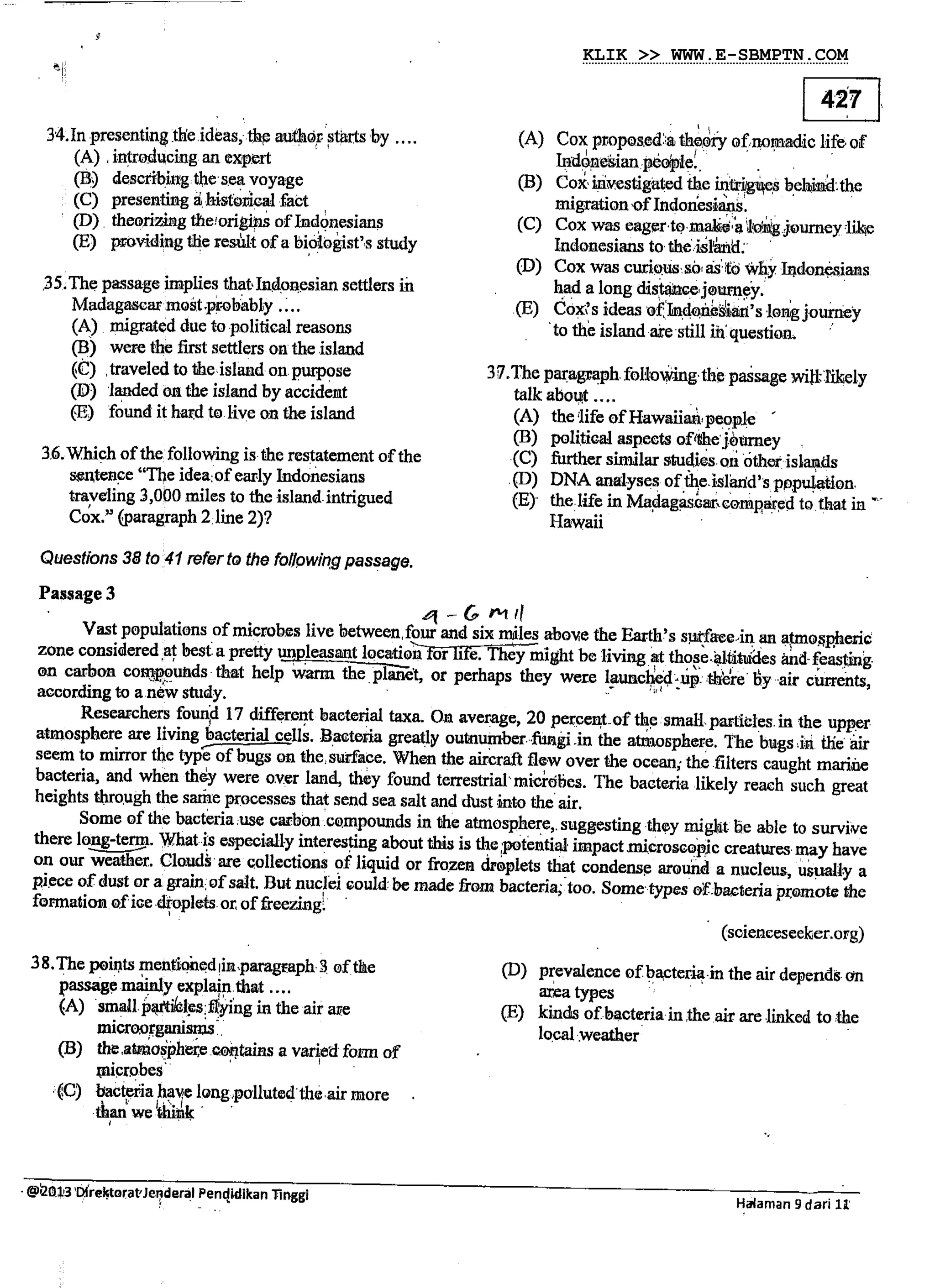 Soal tkdu sbmptn 2013 kode 427 & kunci jawaban | PDF | Educational Assessment | Education