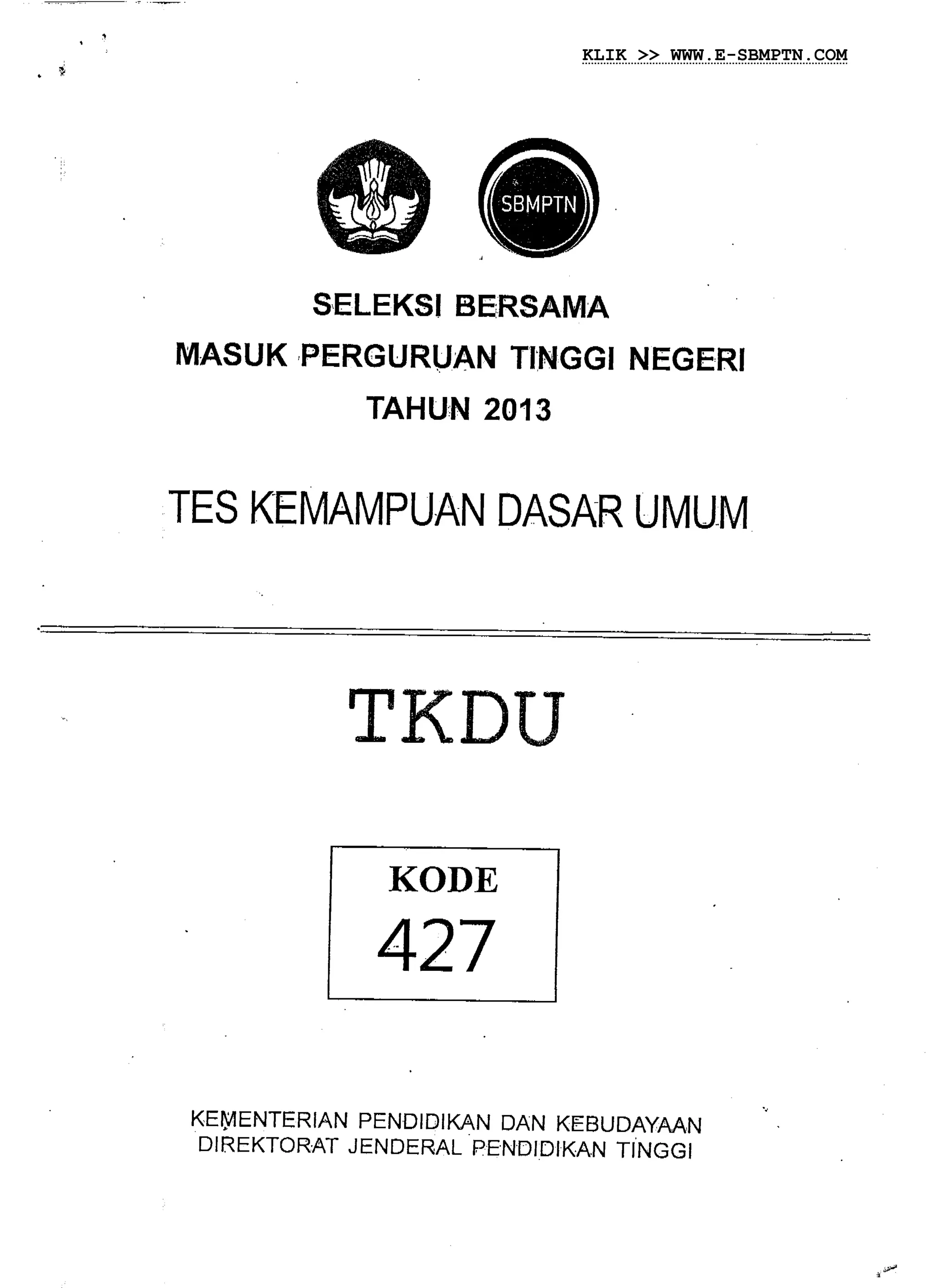 Soal tkdu sbmptn 2013 kode 427 & kunci jawaban | PDF