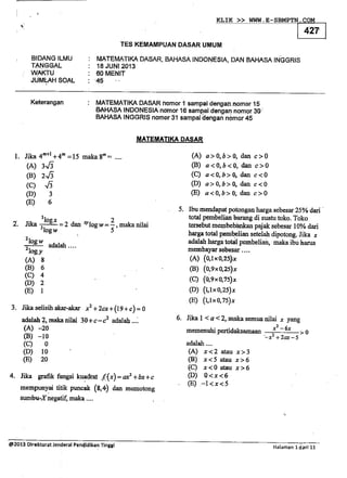 Soal tkdu sbmptn 2013 kode 427 & kunci jawaban | PDF | Educational Assessment | Education