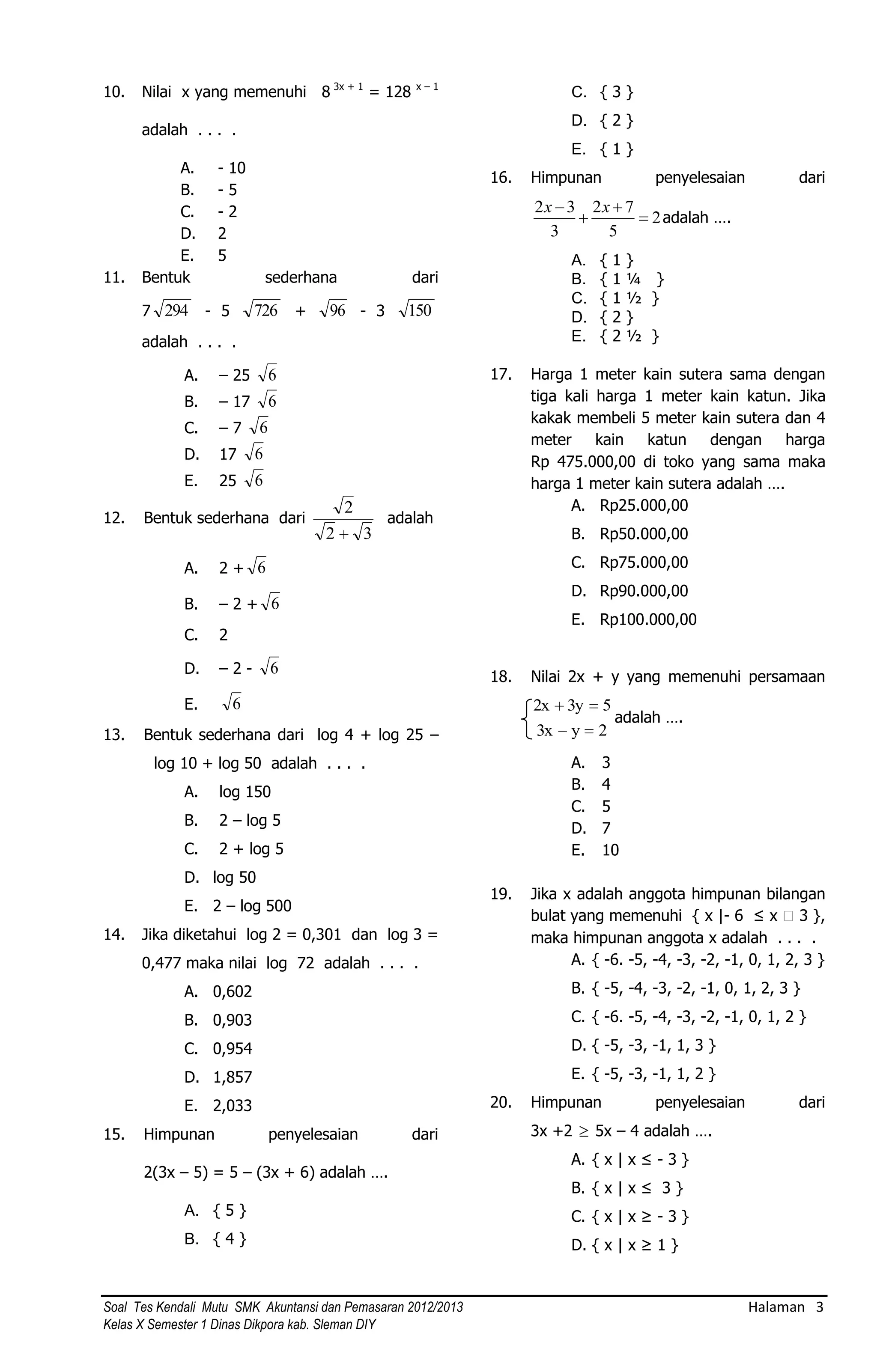Soaltkm mtk bismen tk x gasal 2012 2013 | DOCX