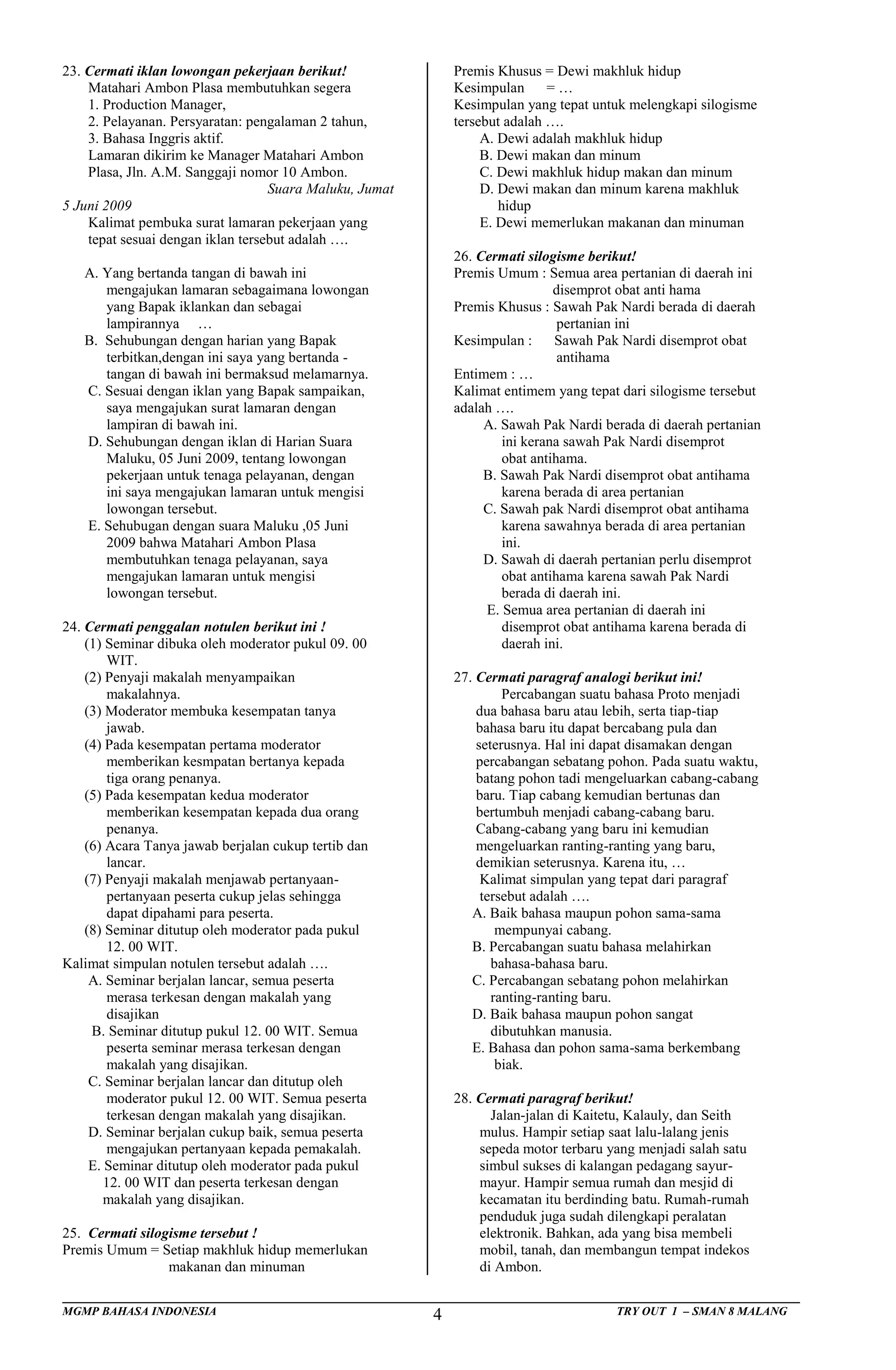 Soal try out Bahasa dan Sastra Indonesia | PDF