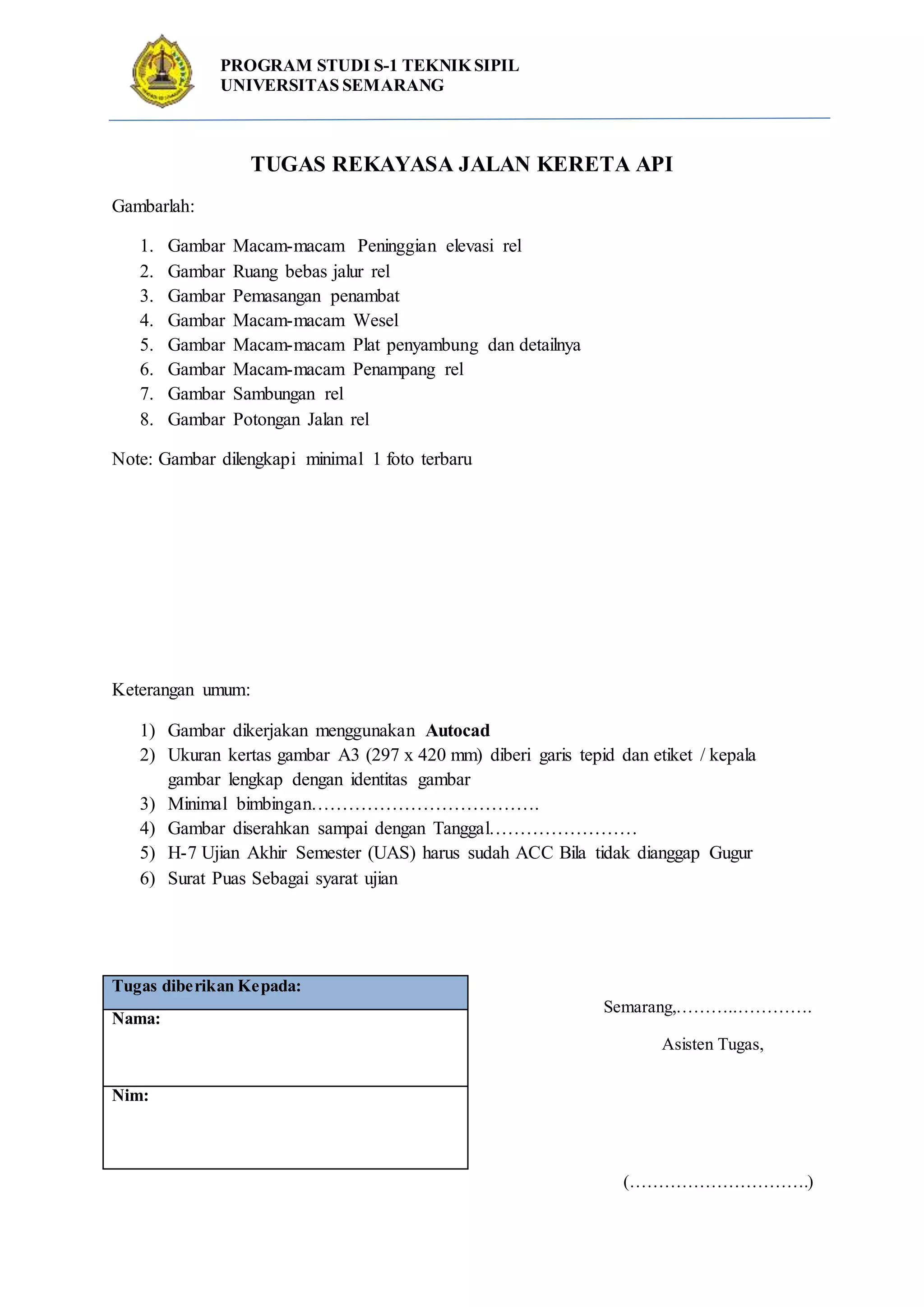 Soal tugas rekayasa jalan kereta api | DOCX