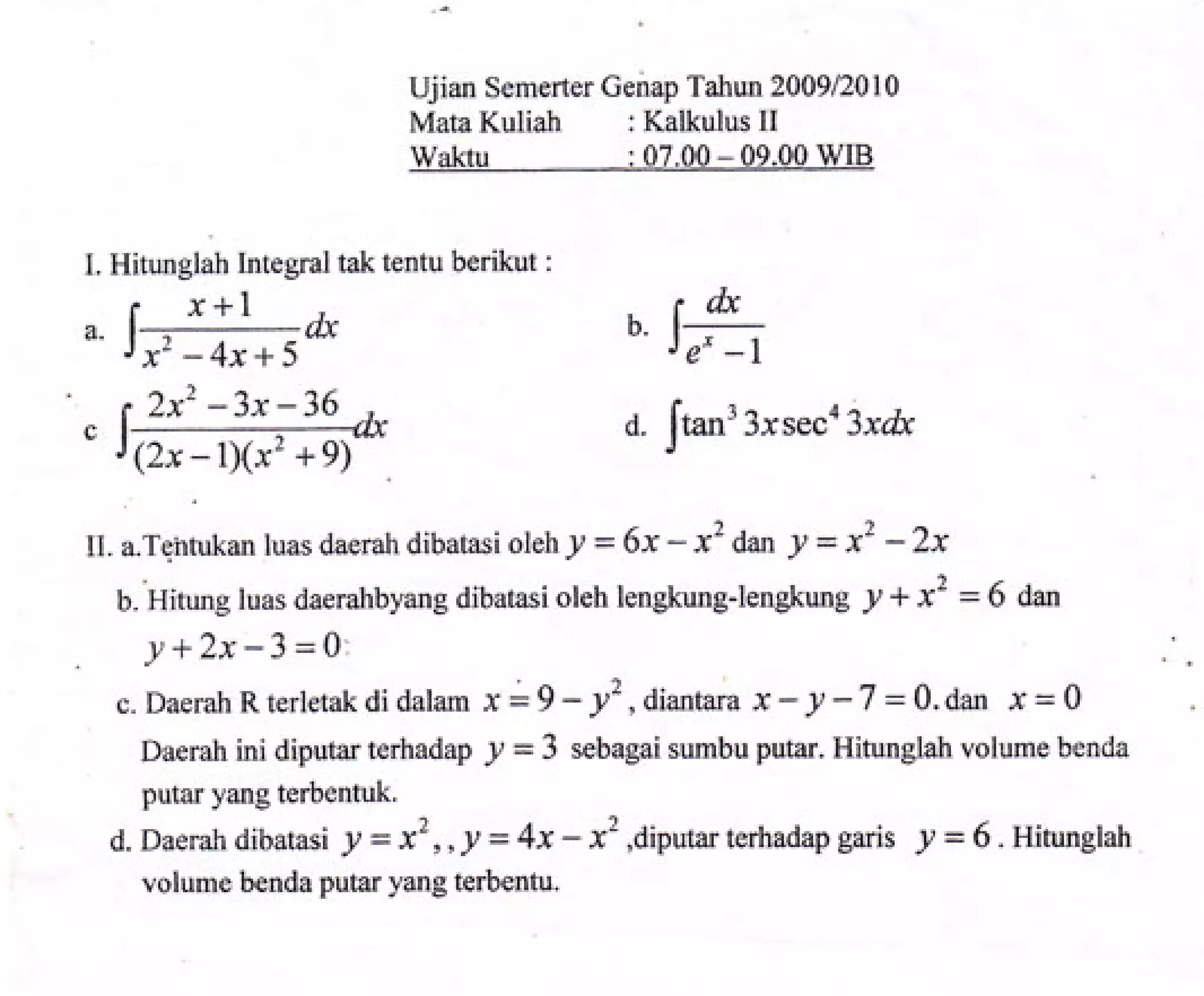 SOAL UAS - KALKULUS II - TAHUN 2010 | PDF