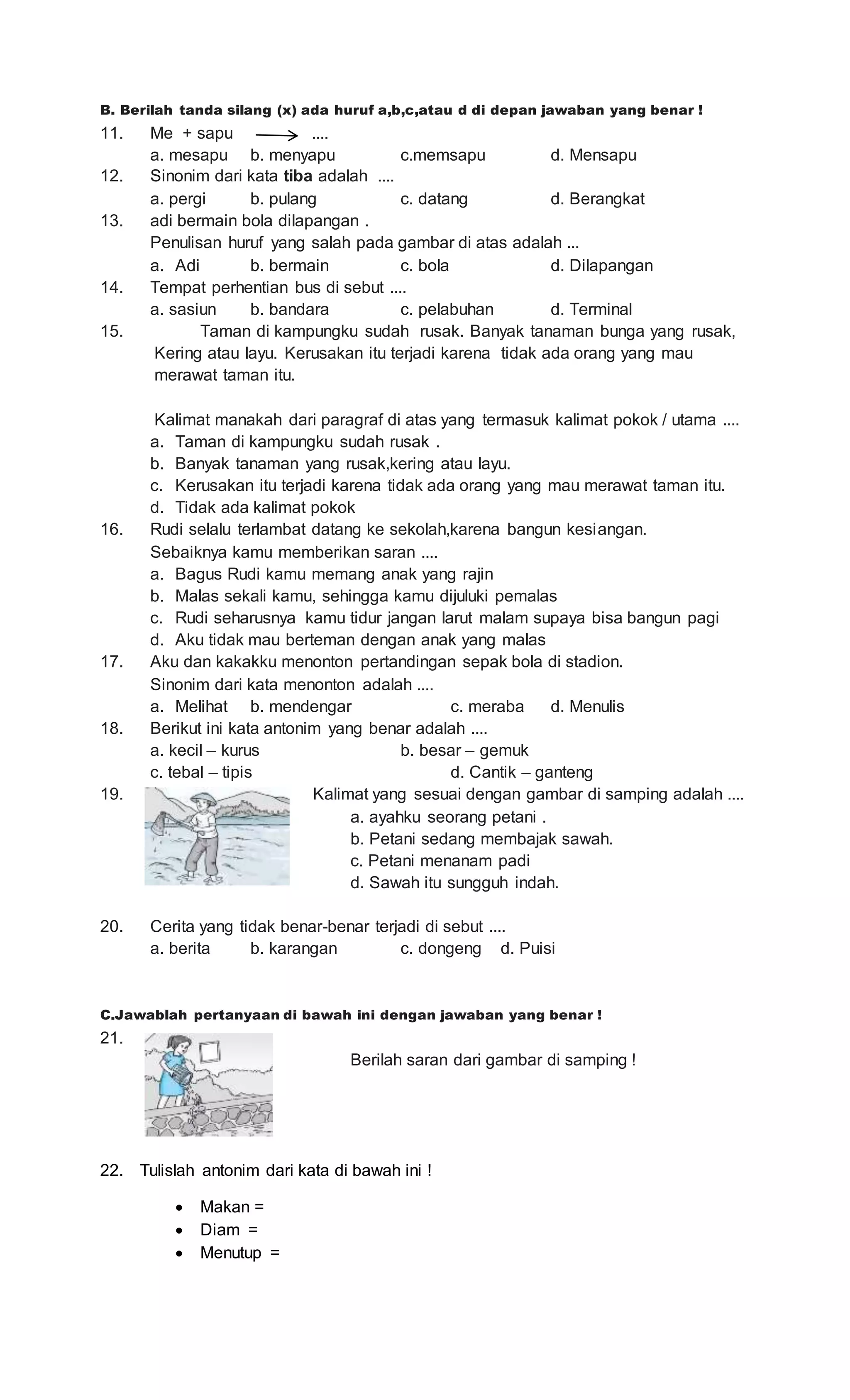 contoh Soal uas b.indo kelas 3 smster 1 | PDF