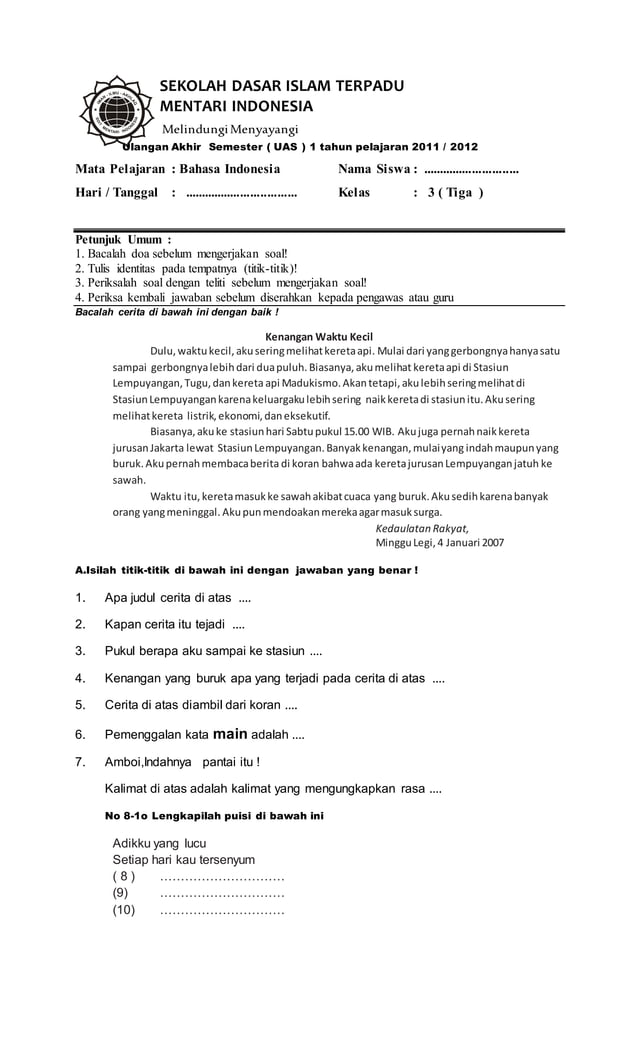 contoh Soal uas b.indo kelas 3 smster 1 | PDF