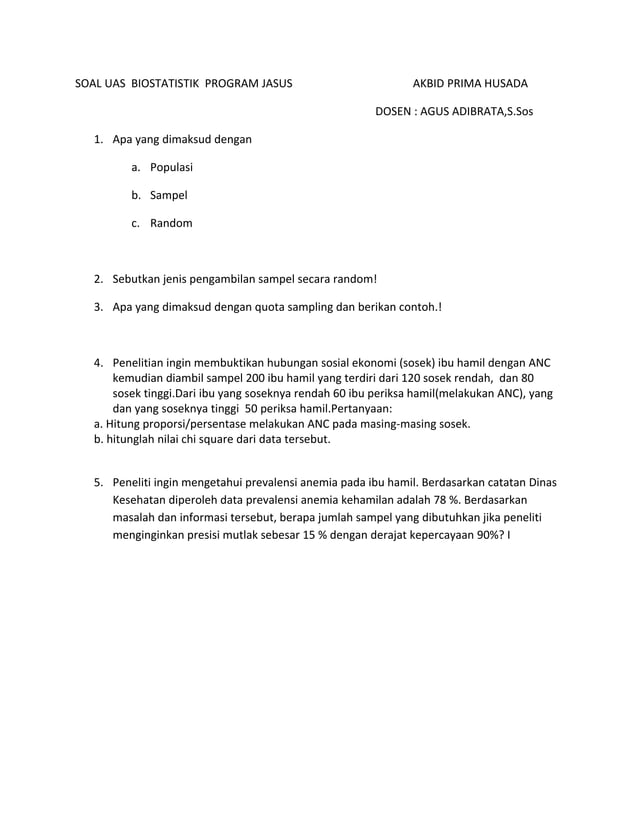 Soal uas biostatistik program jasusakbid prima husada | DOC