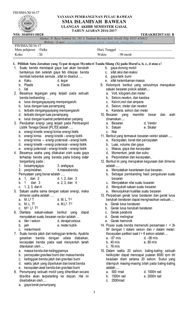 Soal uas fisika xi 16 17 | PDF