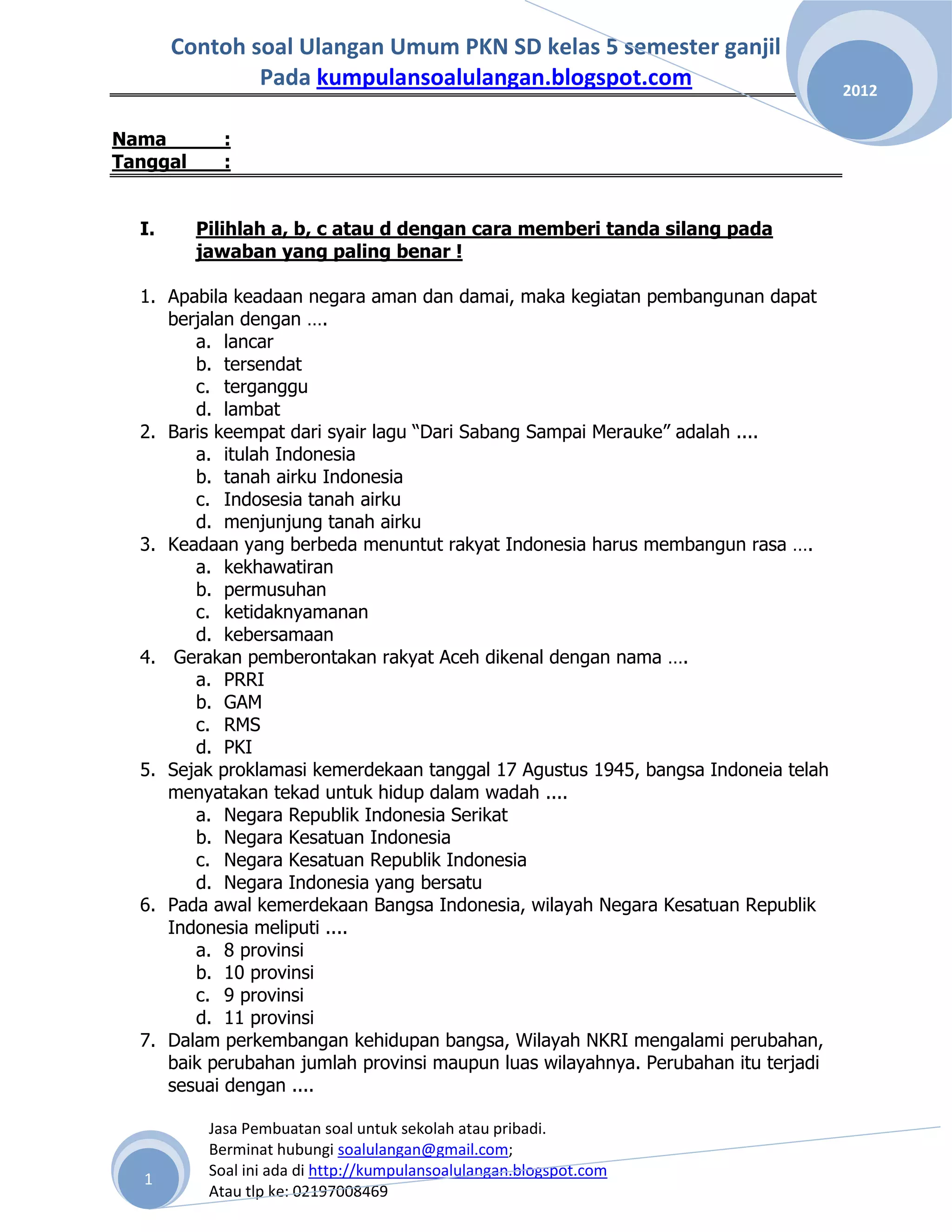 Soal uas ganjil pkn sd kelas 5 sdinda | PDF