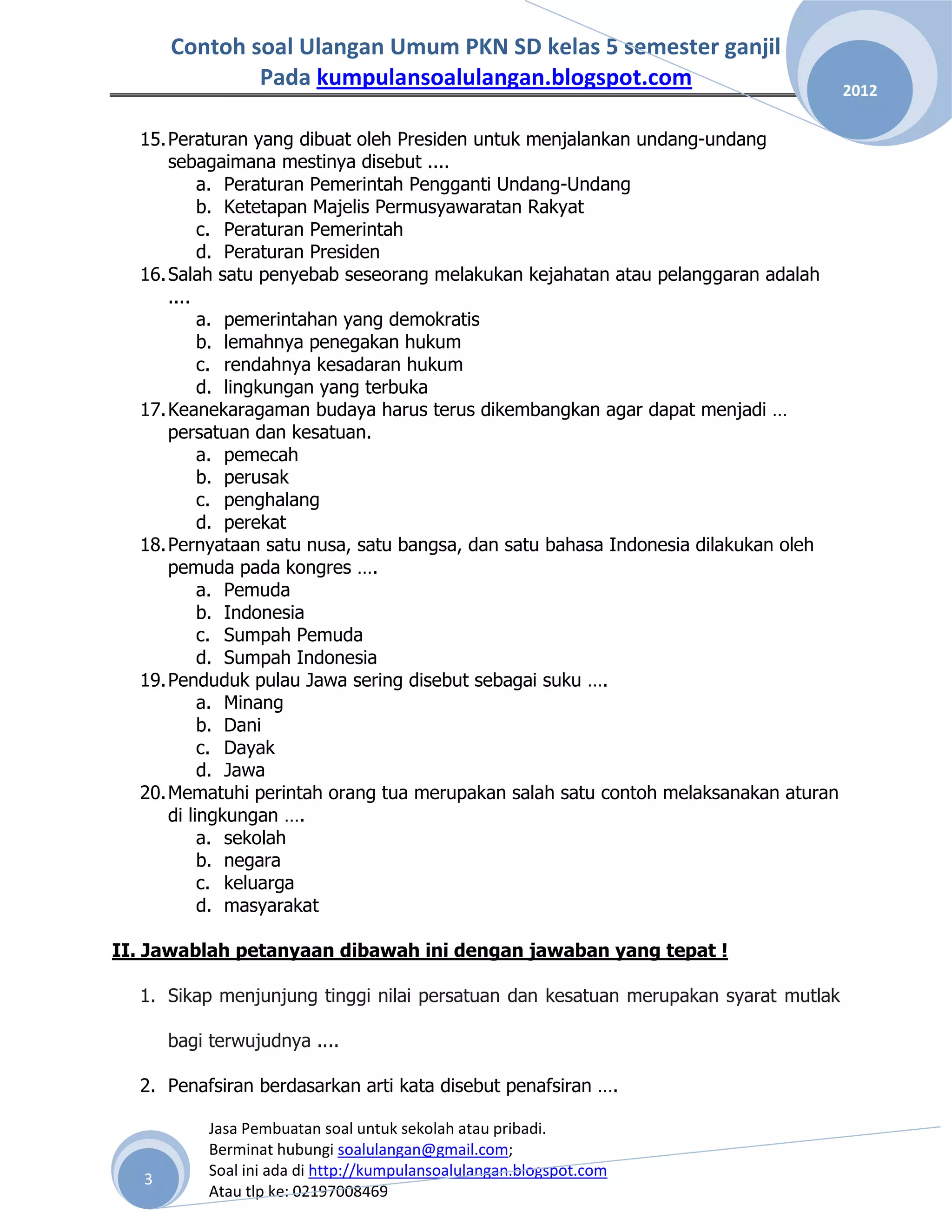 Soal uas ganjil pkn sd kelas 5 sdinda | PDF