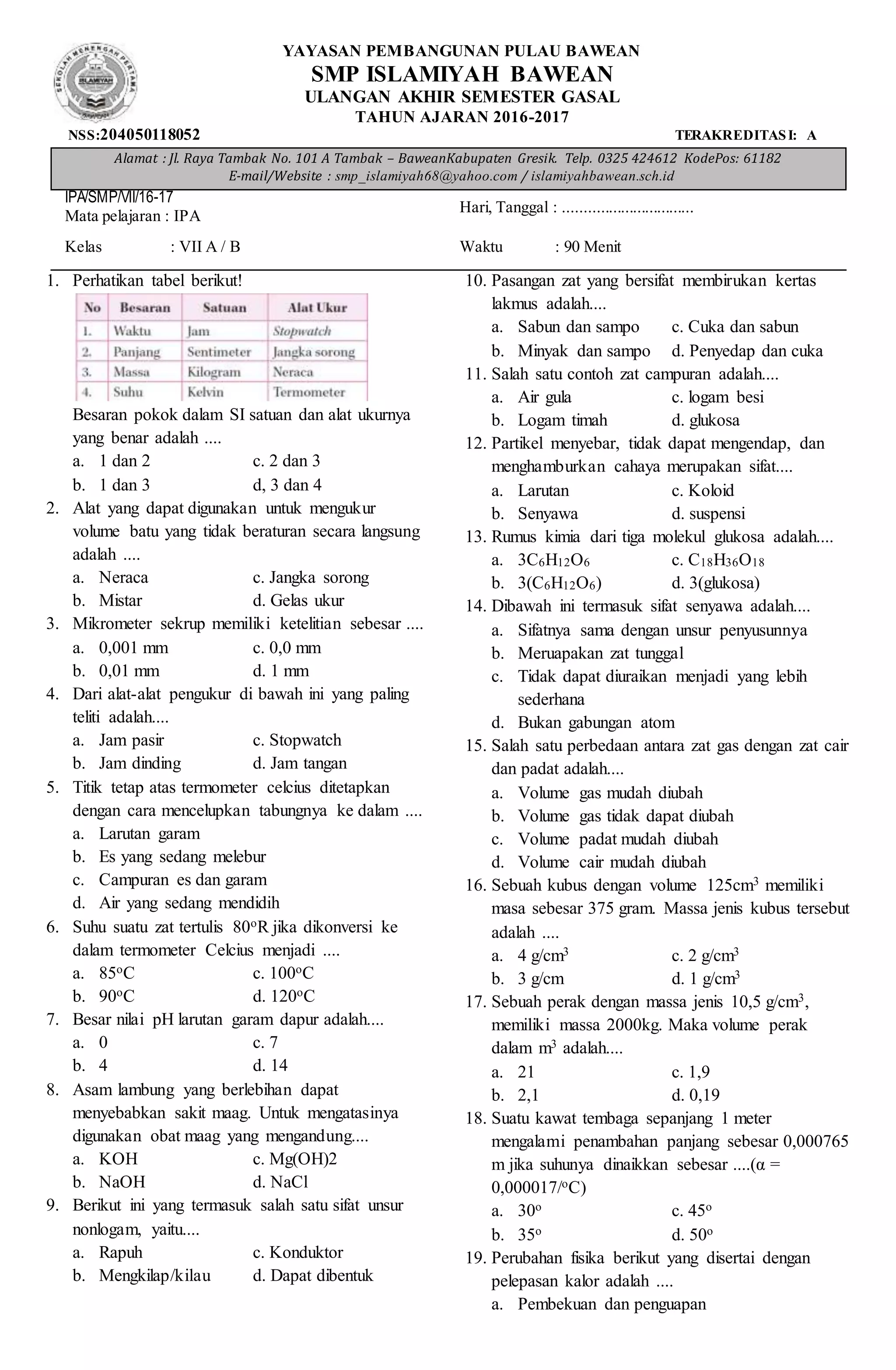 Soal uas ipa kelas 7 16 17 | PDF