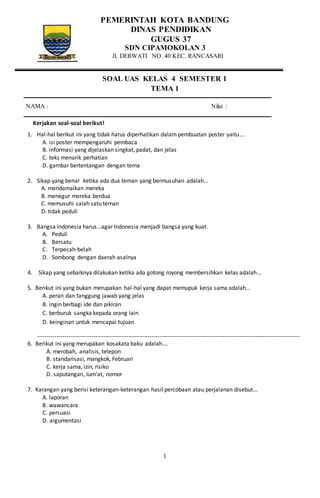 Soal uas kelas 4 smtr 1 tema 1 | DOC