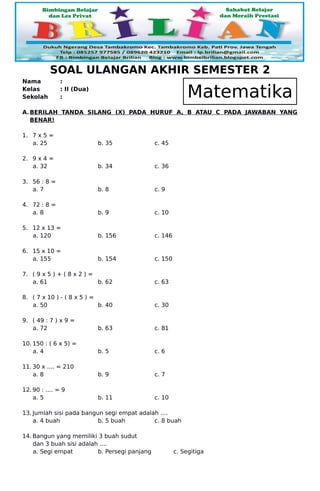 Soal uas matematika kelas 2 sd semester 2 dan kunci jawaban | PDF