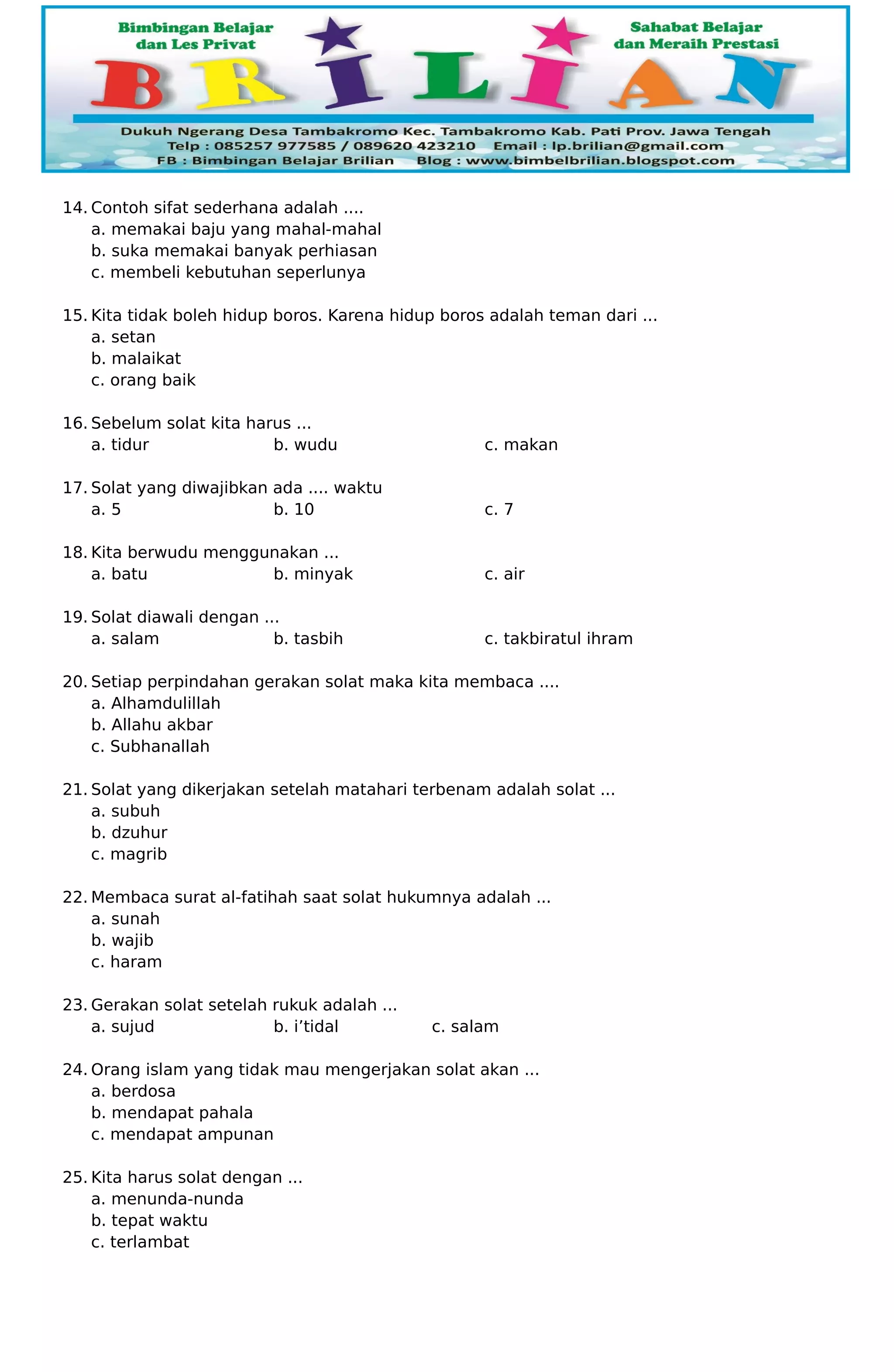 Soal uas pai kelas 2 sd semester 2 dan kunci jawabaan | PDF