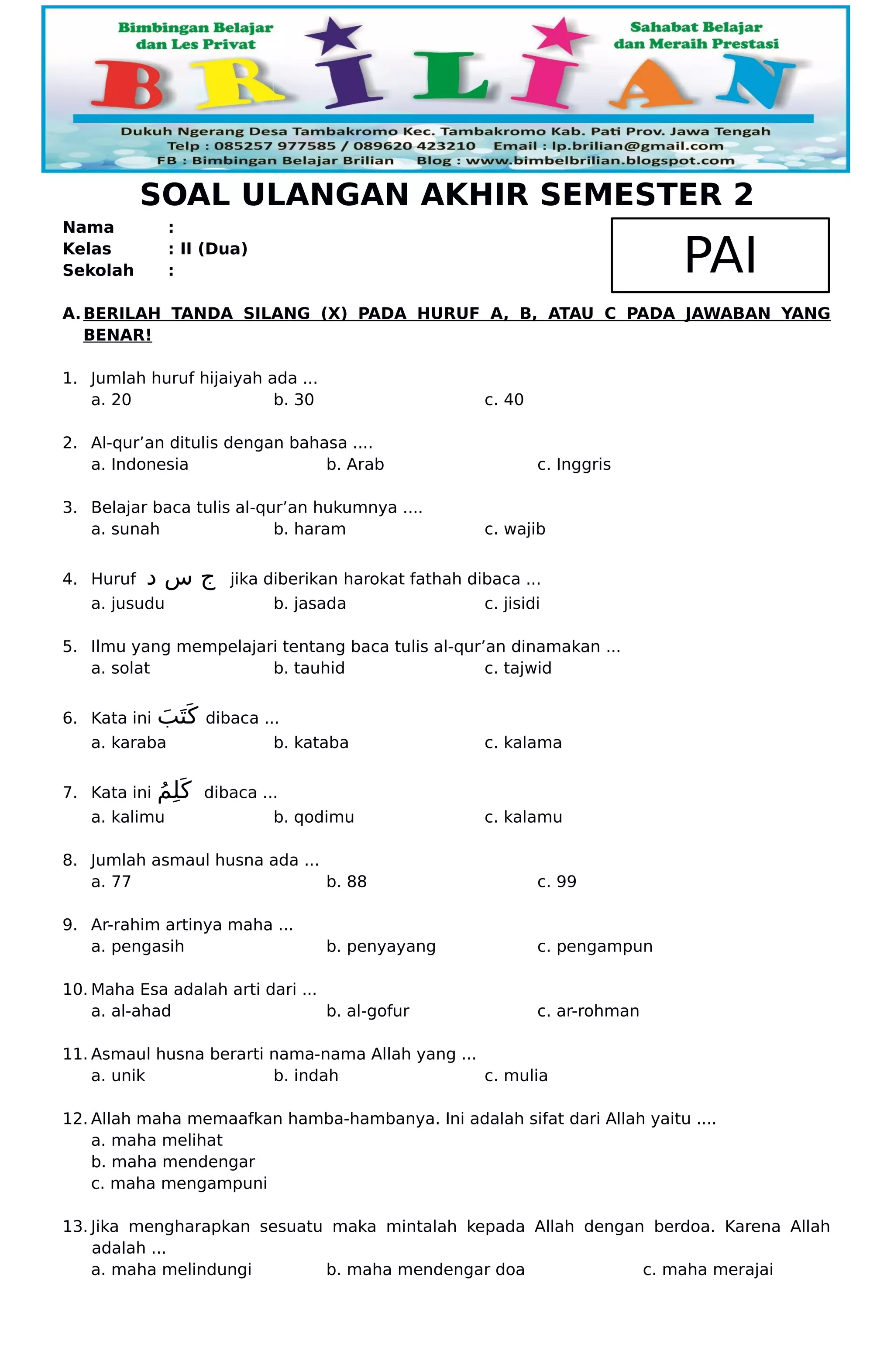 Soal uas pai kelas 2 sd semester 2 dan kunci jawabaan(1) | PDF