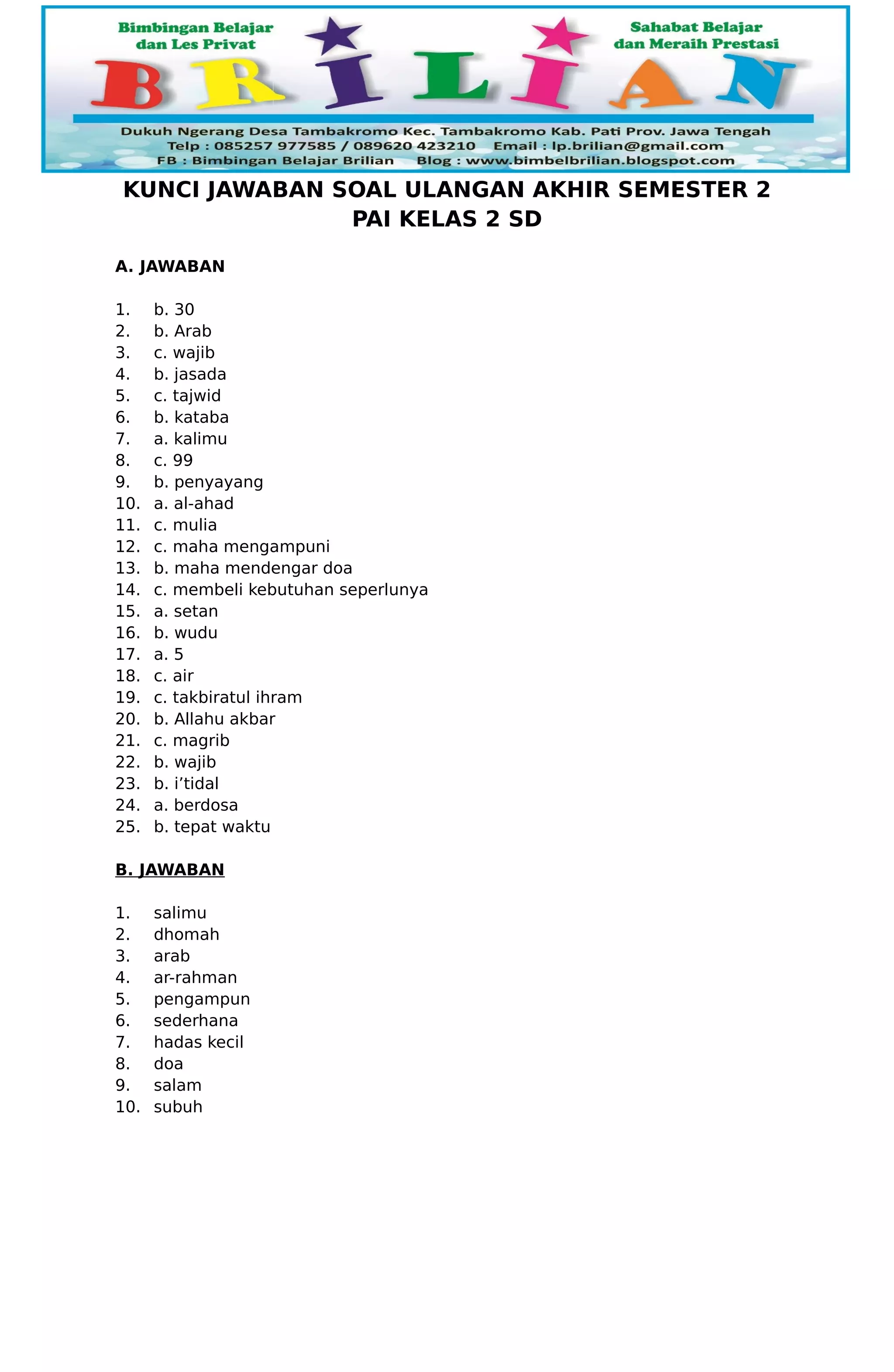 Soal uas pai kelas 2 sd semester 2 dan kunci jawabaan(1) | PDF