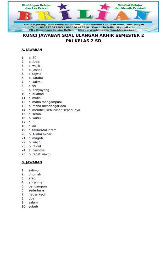 Soal uas pai kelas 2 sd semester 2 dan kunci jawabaan(1) | PDF