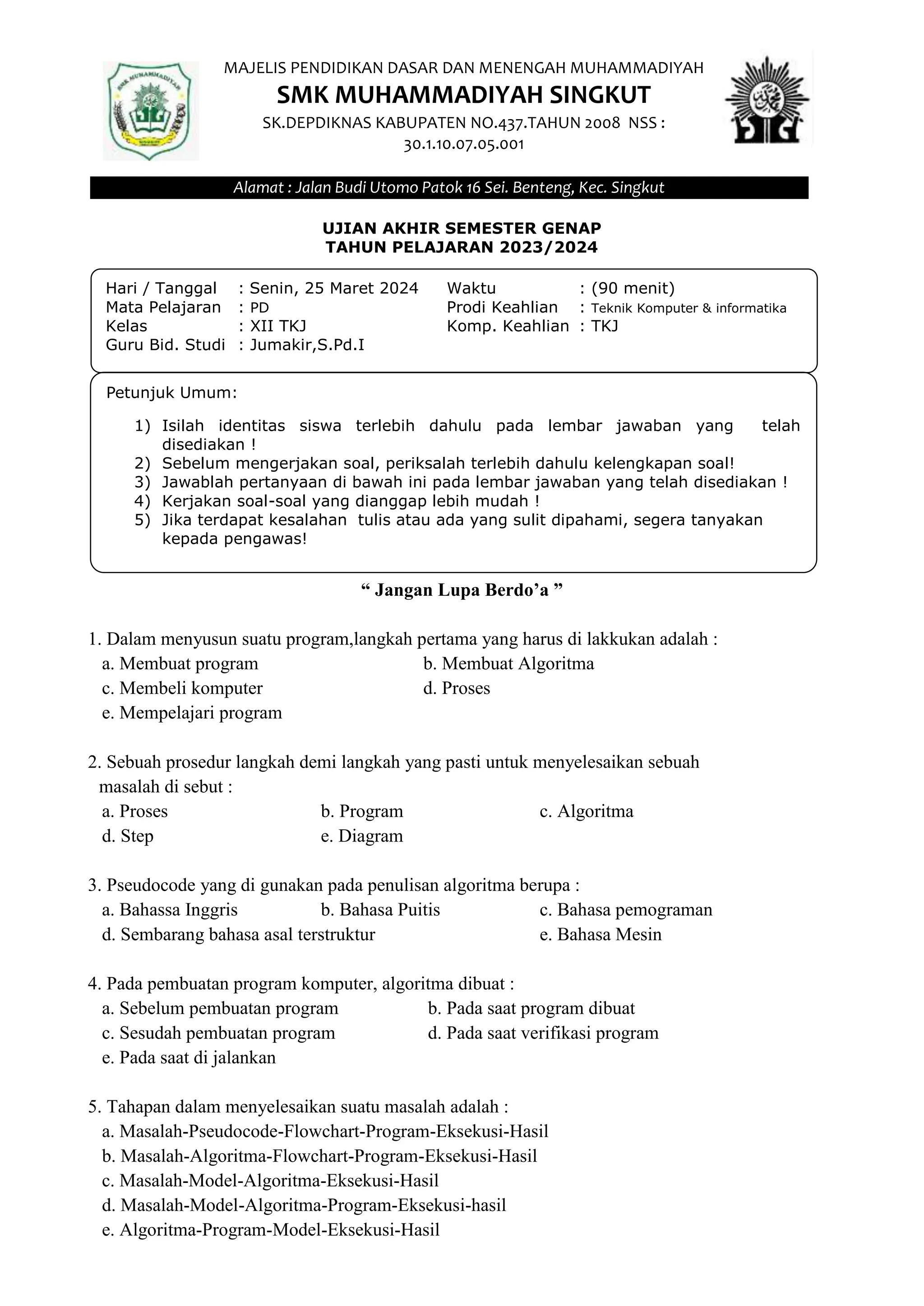 SOAL UAS TKJ PEMROGRAMAN DASAR pilihan ganda | DOCX