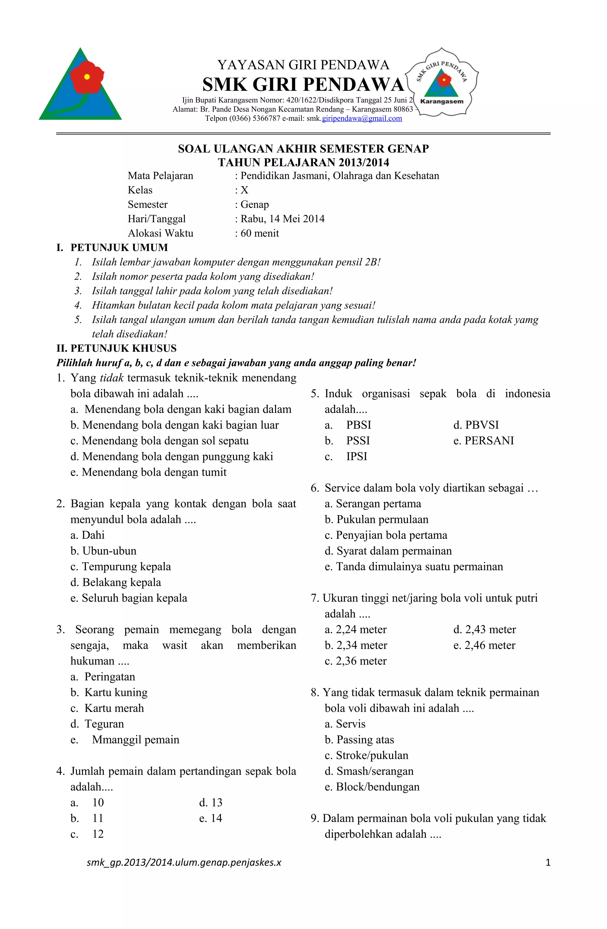 Soal uas penjas kelas x smt. genap 2014 | PDF