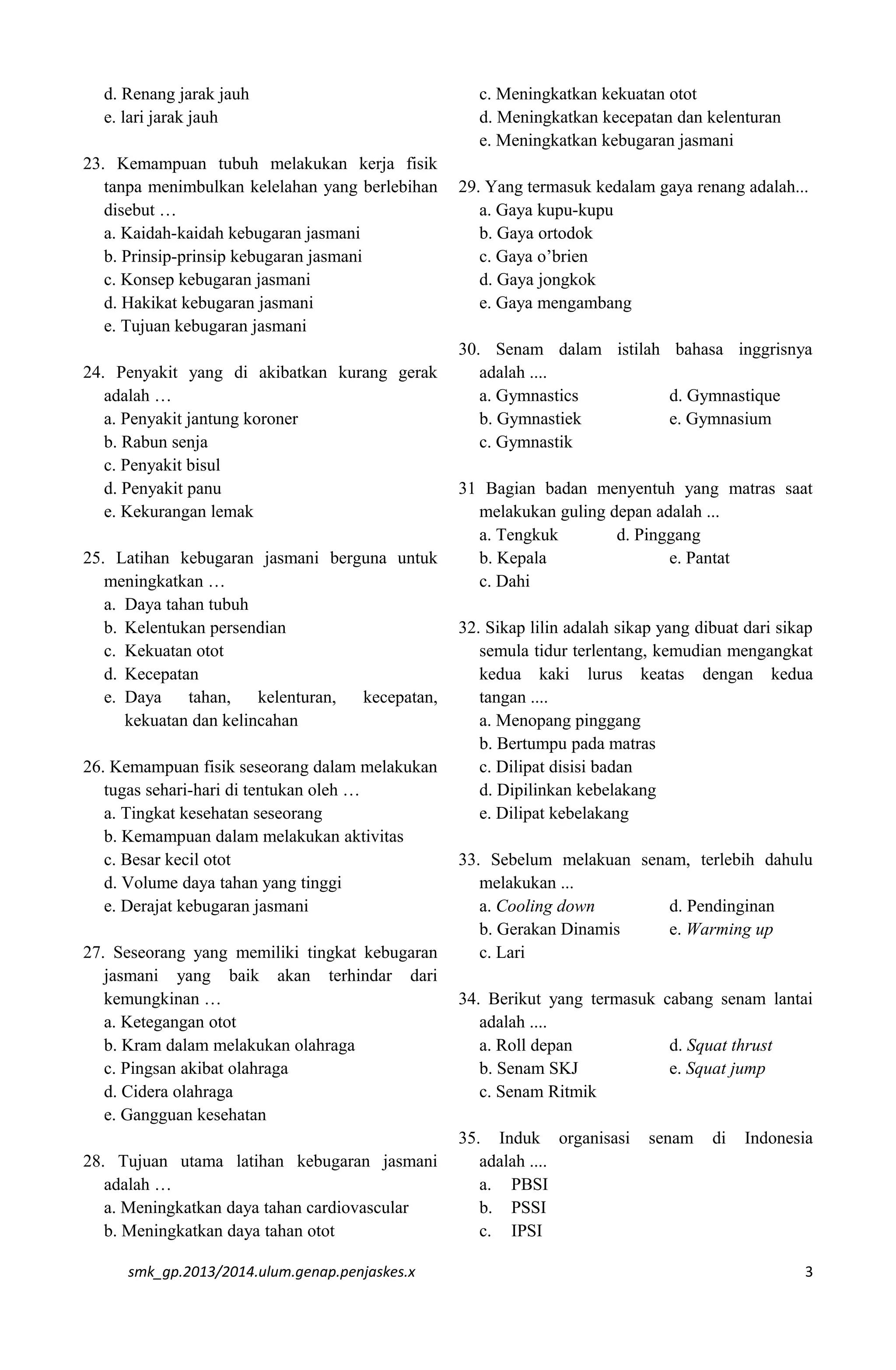 Soal uas penjas kelas x smt. genap 2014 | PDF