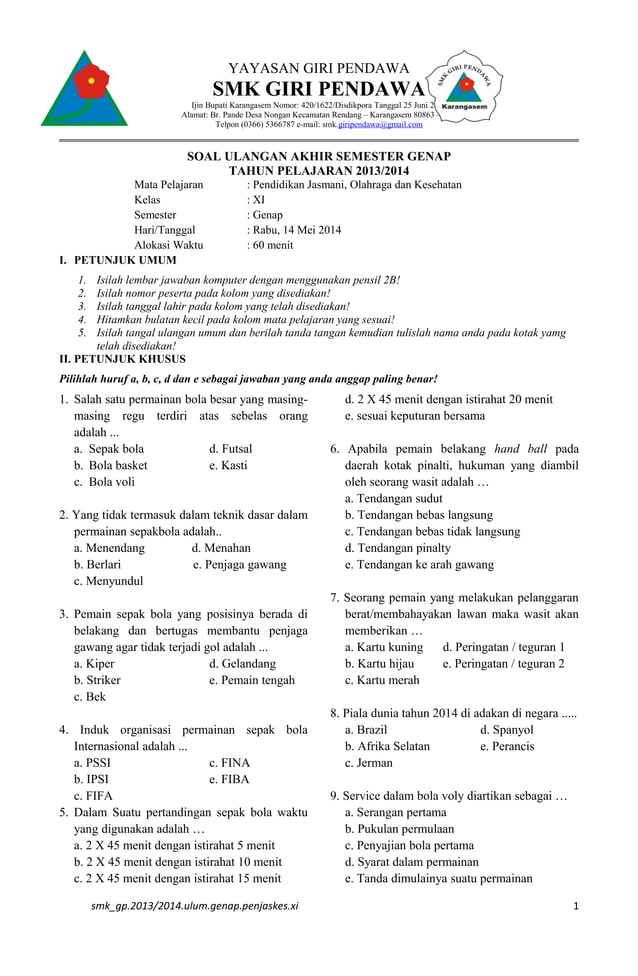 Soal uas penjas kls xi smt. genap 2014 | PDF