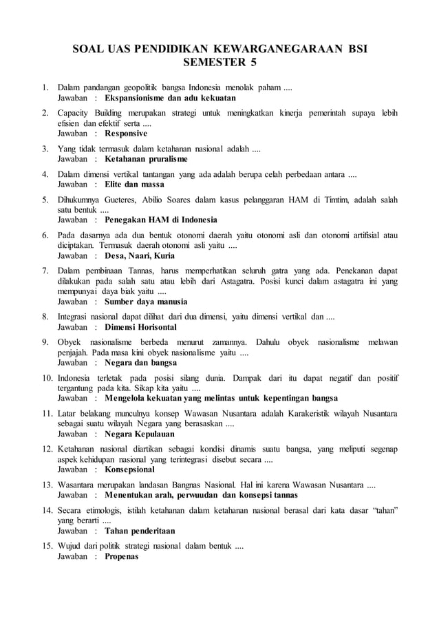 Soal UAS PKn BSI Semester 5 | PDF