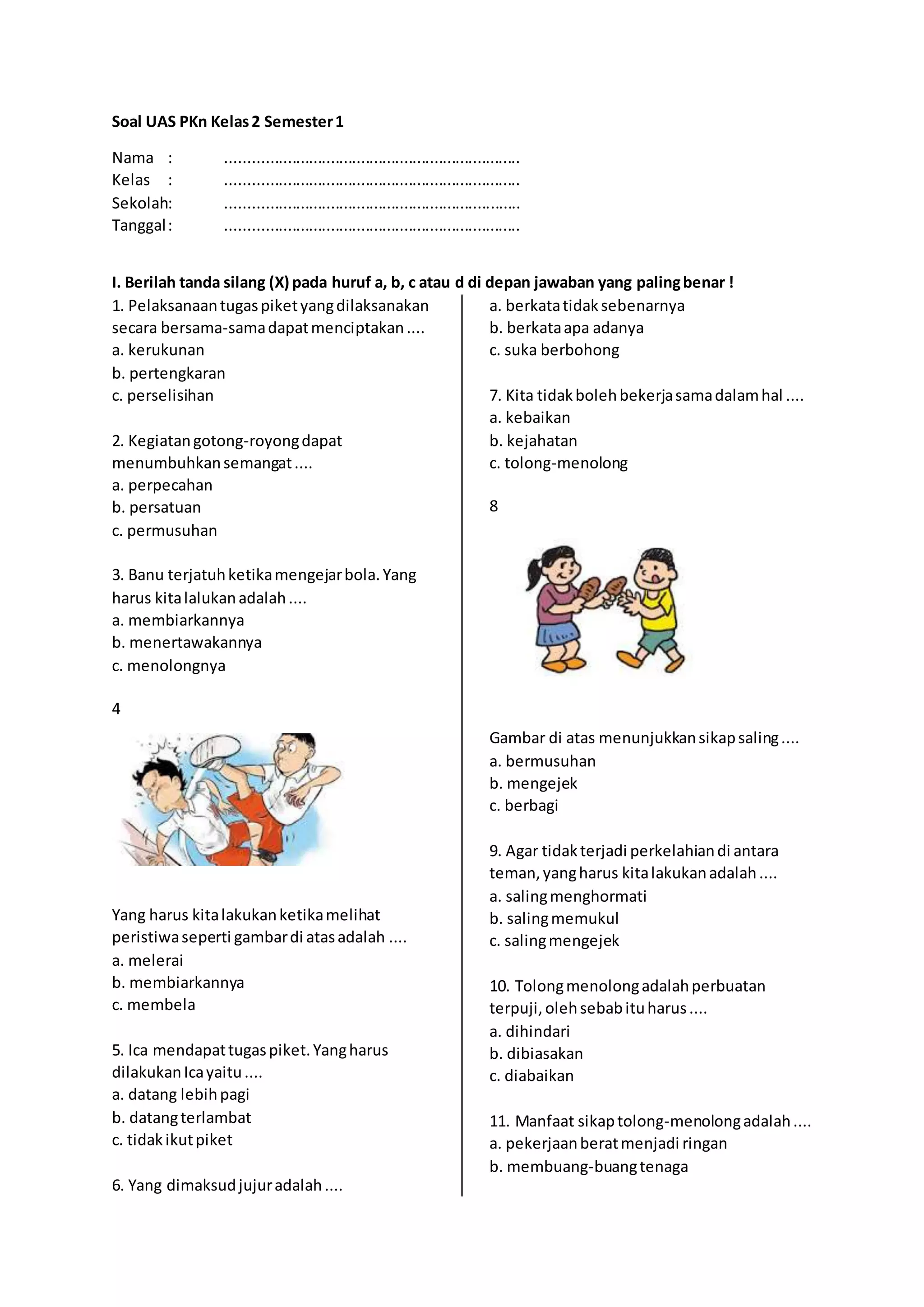 Soal uas pkn kelas 2 semester 1 | DOC