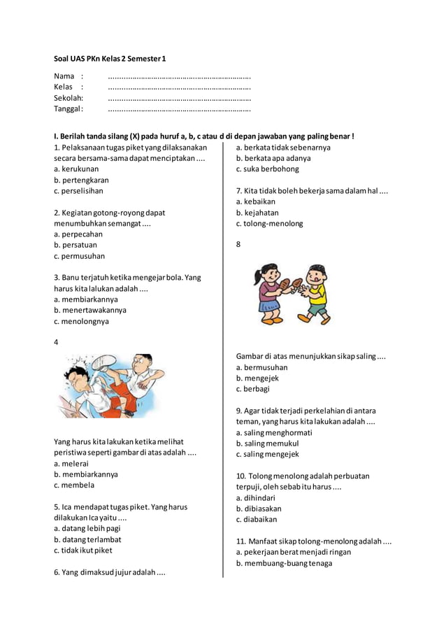 Soal uas pkn kelas 2 semester 1 | DOC