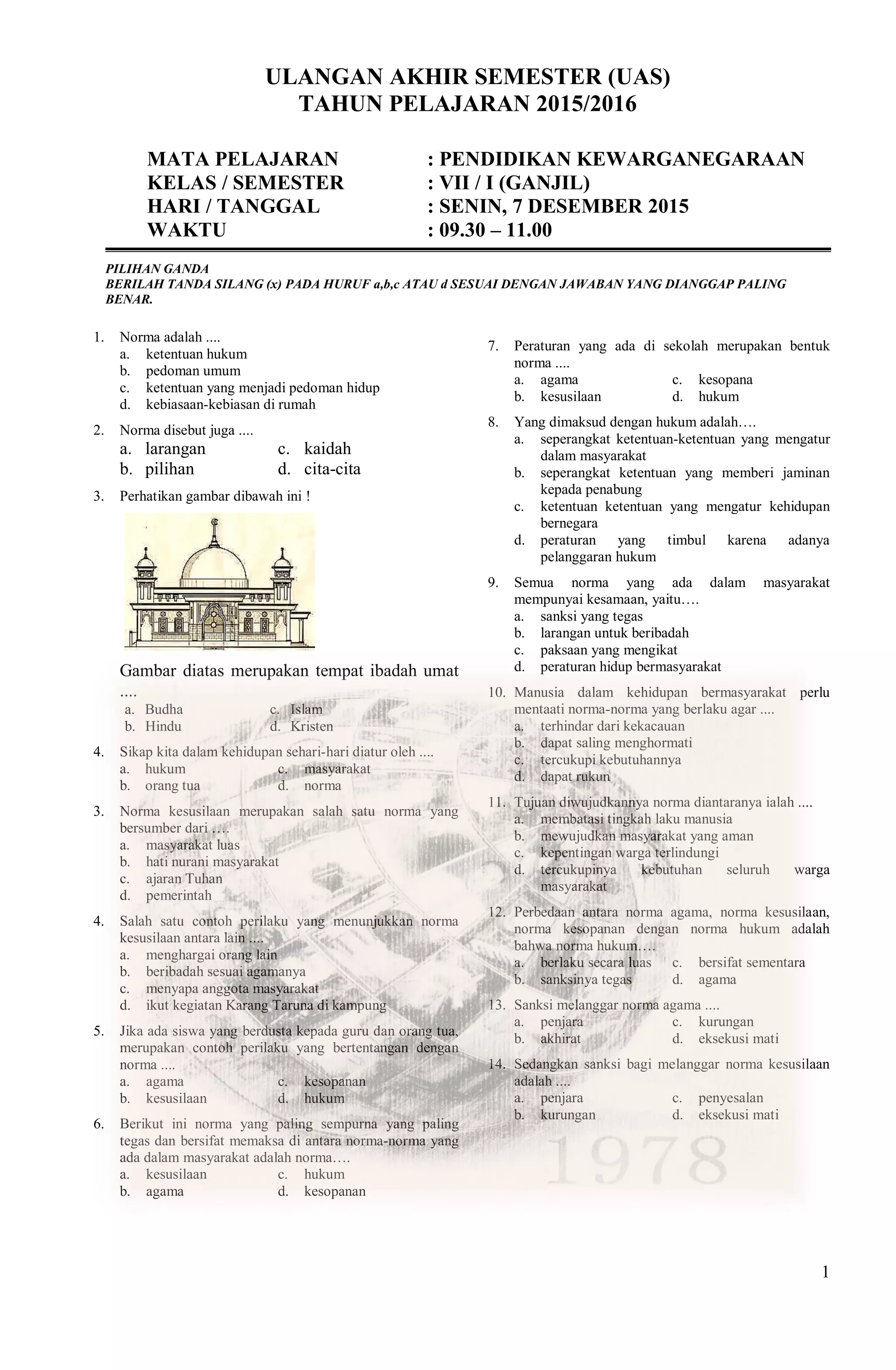 SOAL UAS PKN SMP Kelas VII 2015 KTSP | PDF