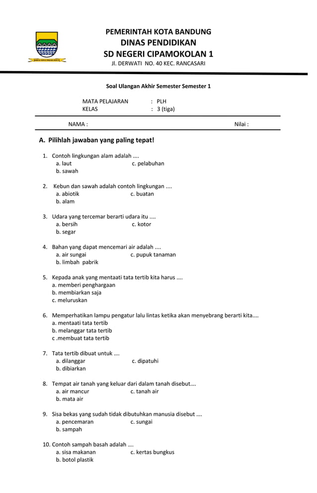 Soal uas plh kelas 3 semester 1 | DOC