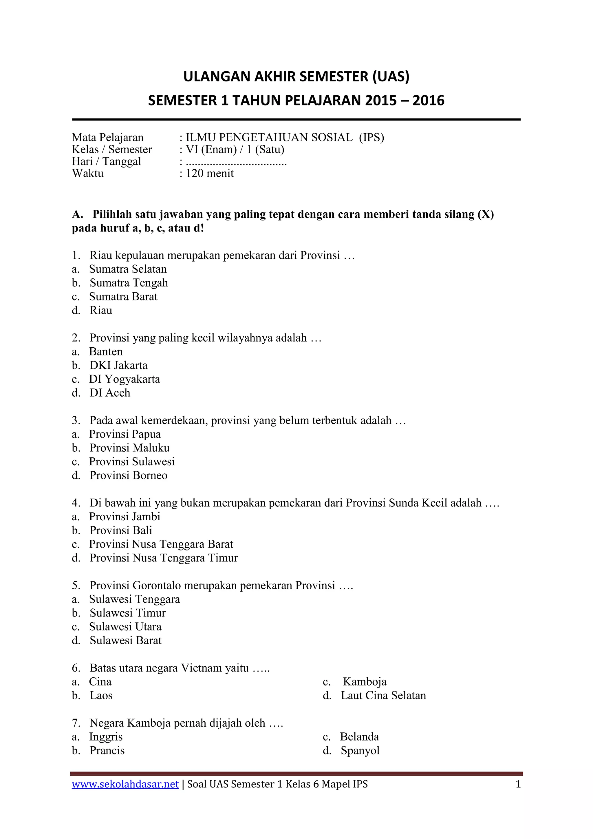 Soal uas semester 1 kelas 6 mapel ips | PDF