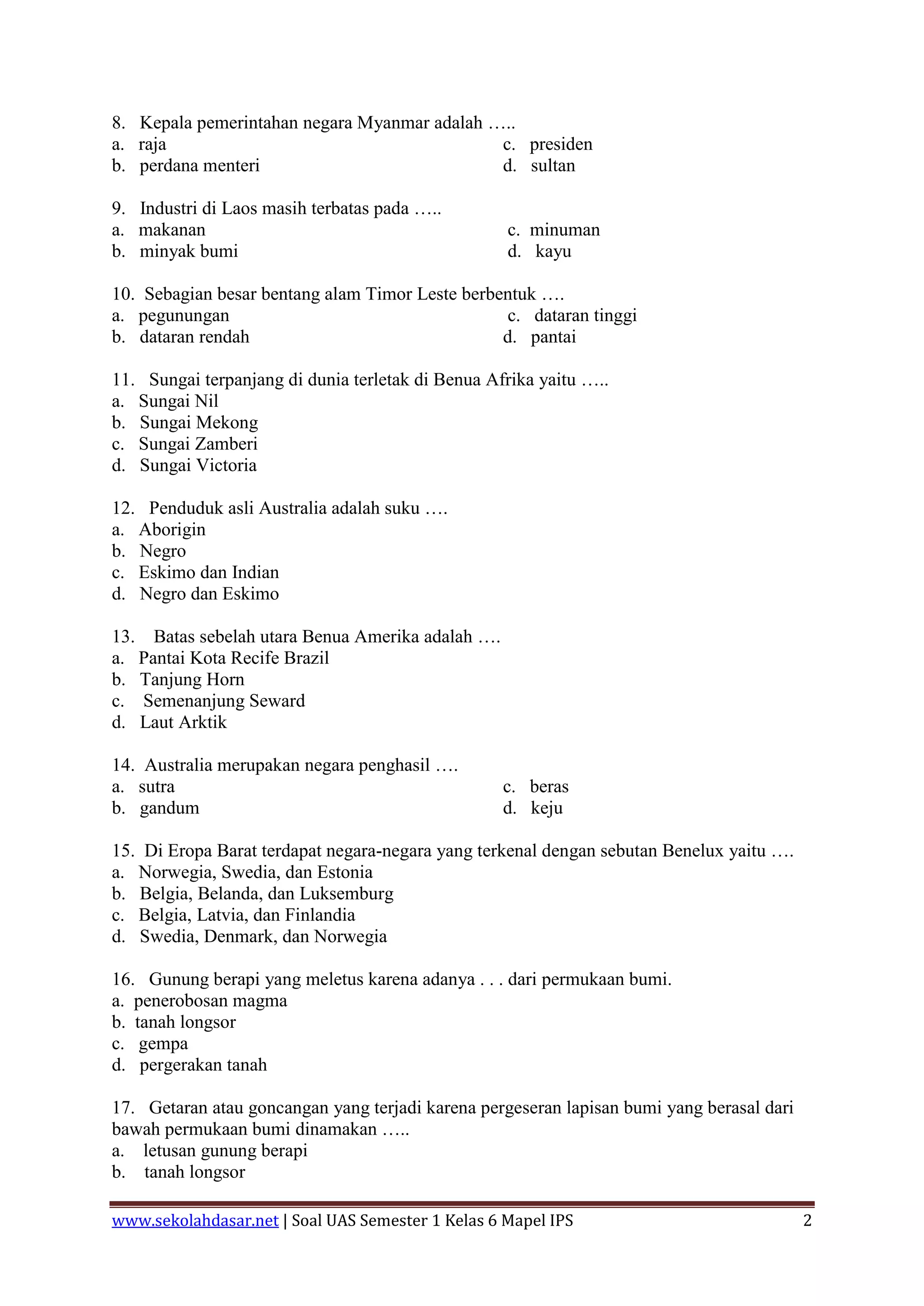 Soal uas semester 1 kelas 6 mapel ips | PDF