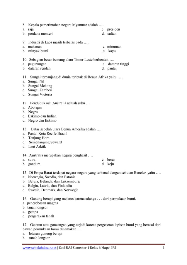 Soal uas semester 1 kelas 6 mapel ips | PDF