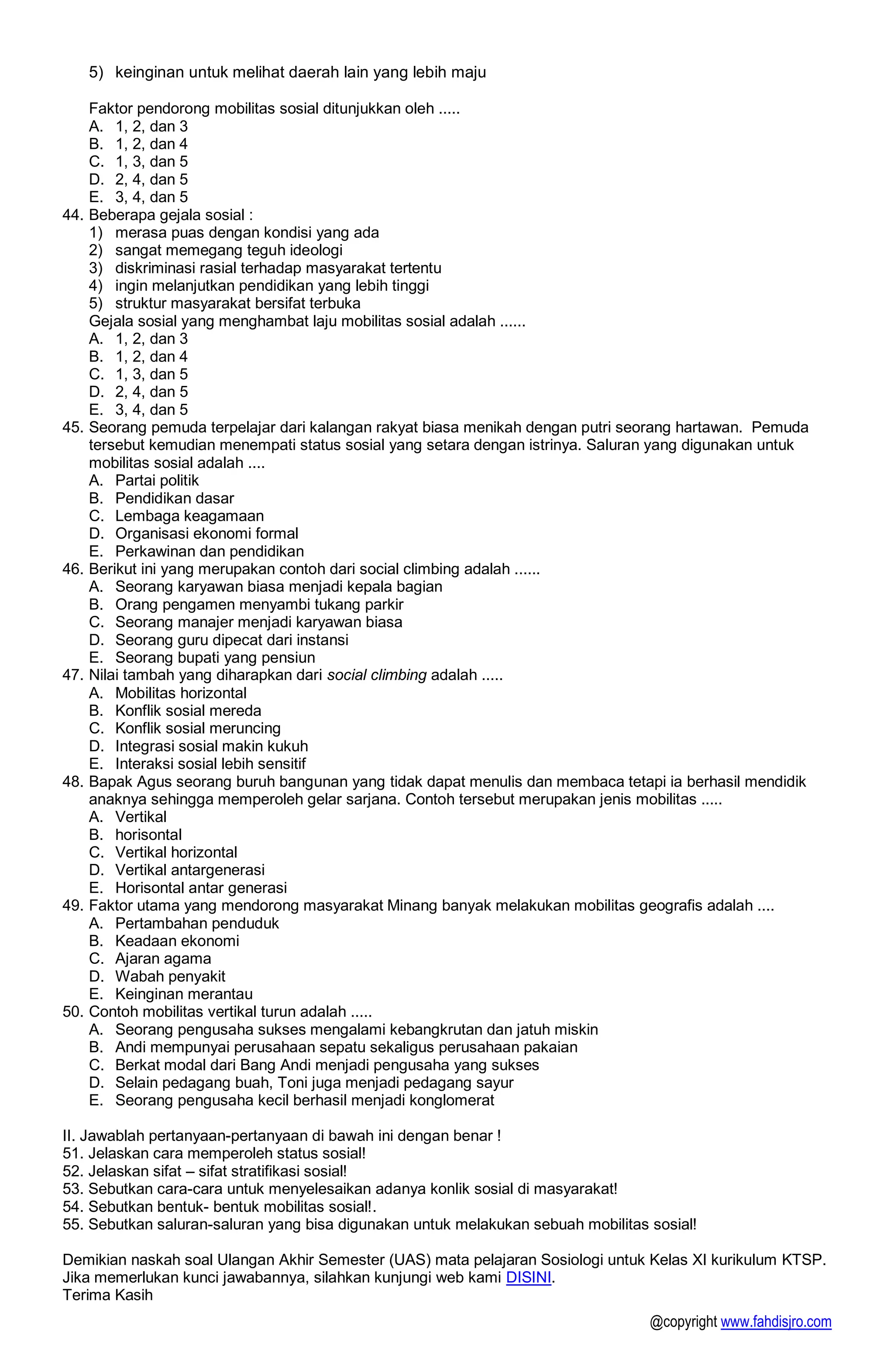 Soal UAS Sosiologi kelas 11 & Kunci Jawaban (KTSP) 2015 | PDF
