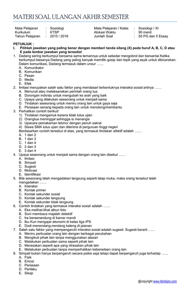Soal UAS Sosiologi kelas 10 & Kunci Jawaban (KTSP) 2015 | PDF
