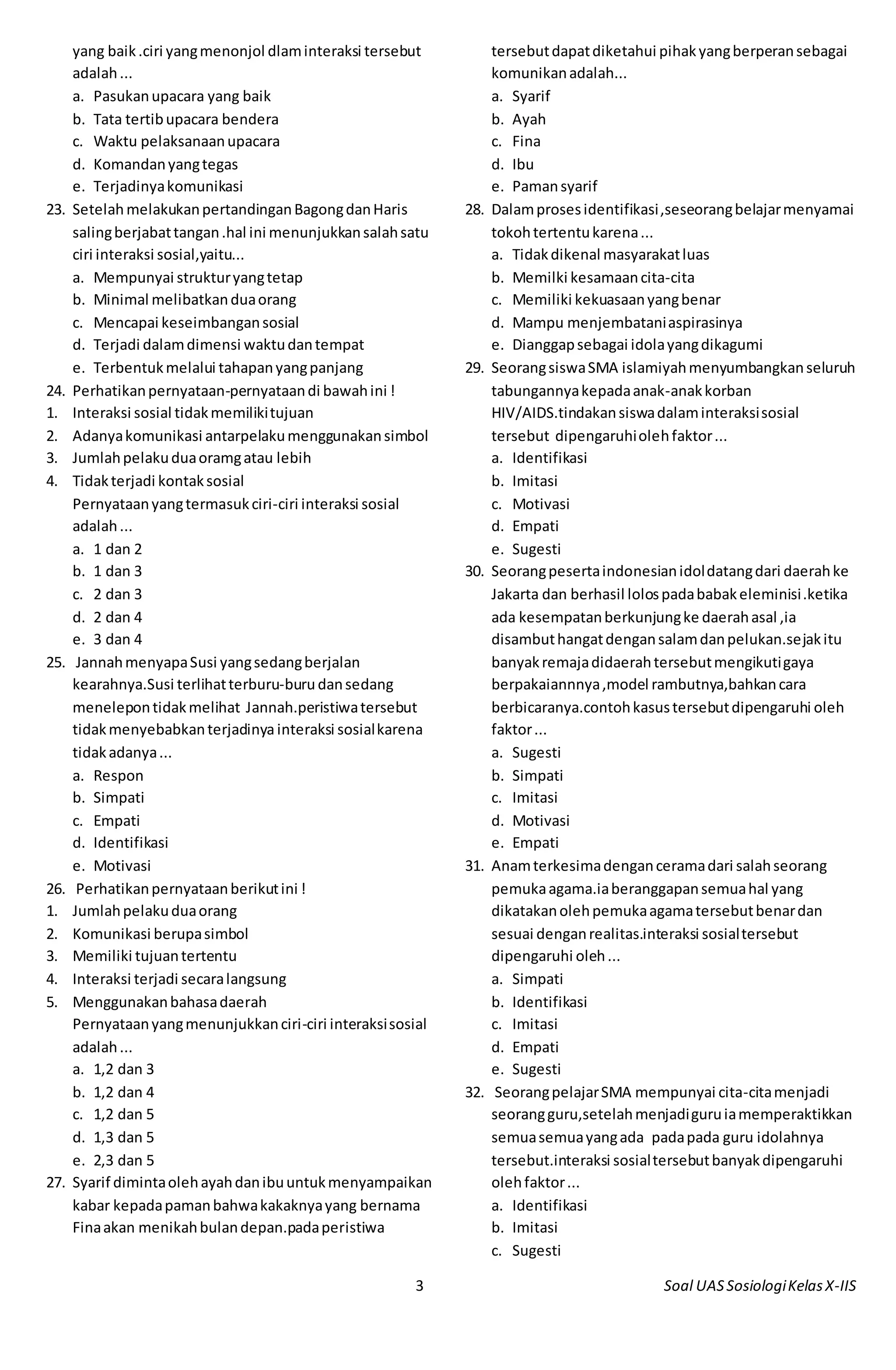 Soal uas sosiologi semester satu kelas x iis | DOCX