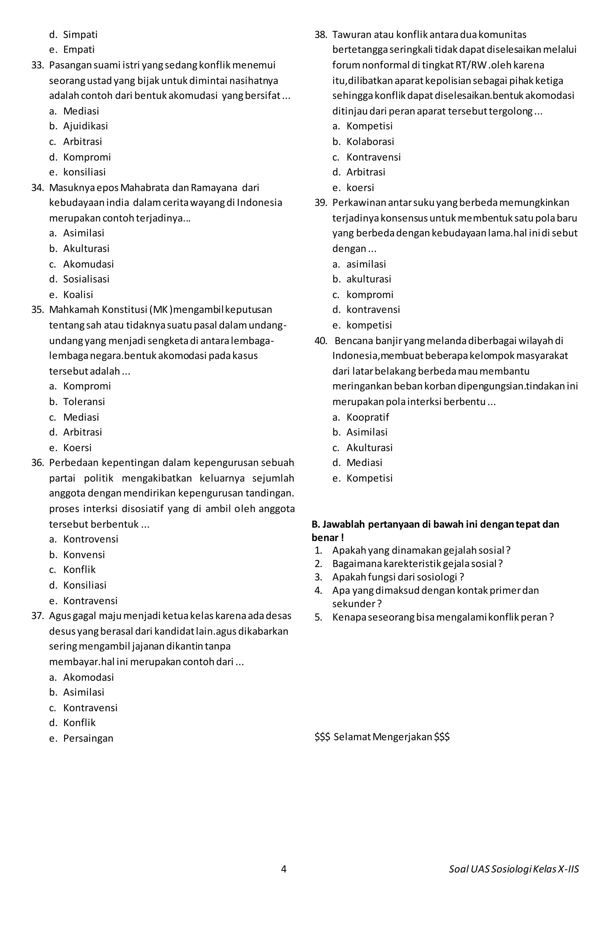 Soal uas sosiologi semester satu kelas x iis | PDF