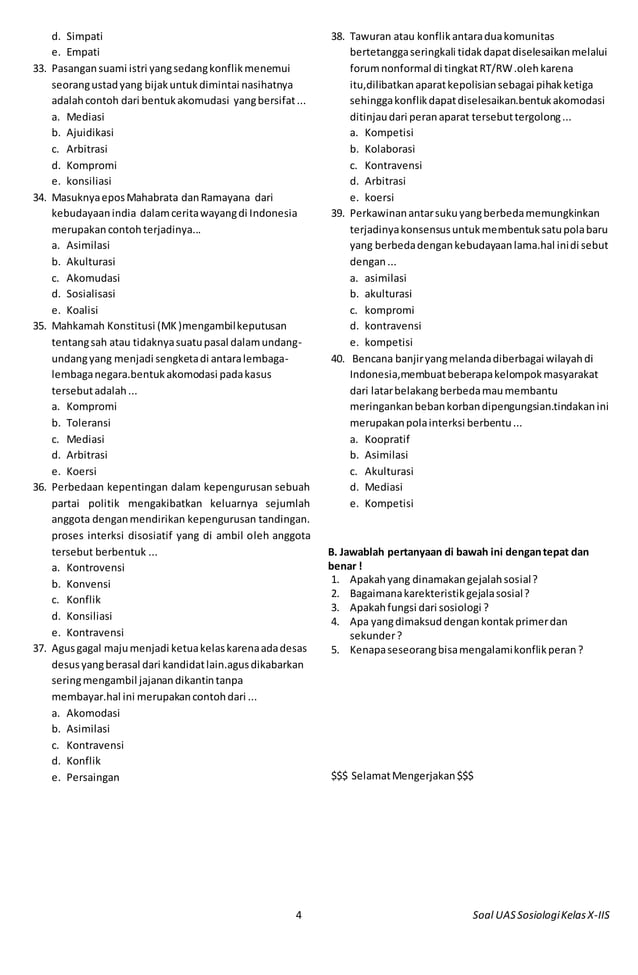 Soal uas sosiologi semester satu kelas x iis | DOCX